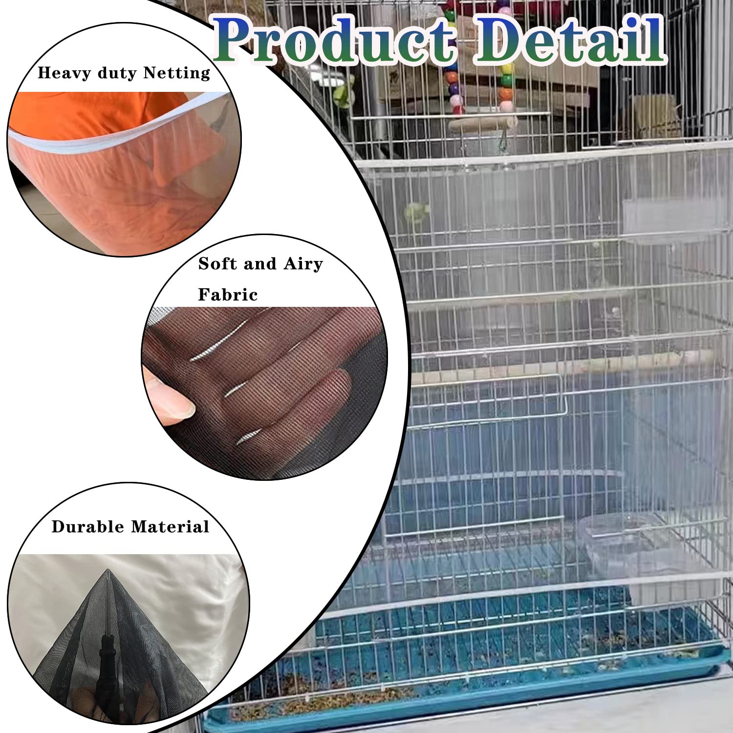 LWFCOEE Bird Cage Seed Catcher, Large Bird Cage Skirt Guard, Adjustable Soft Nylon Mesh Bird Cage Netting for Round Square Bird Cages Circumference 60-86"