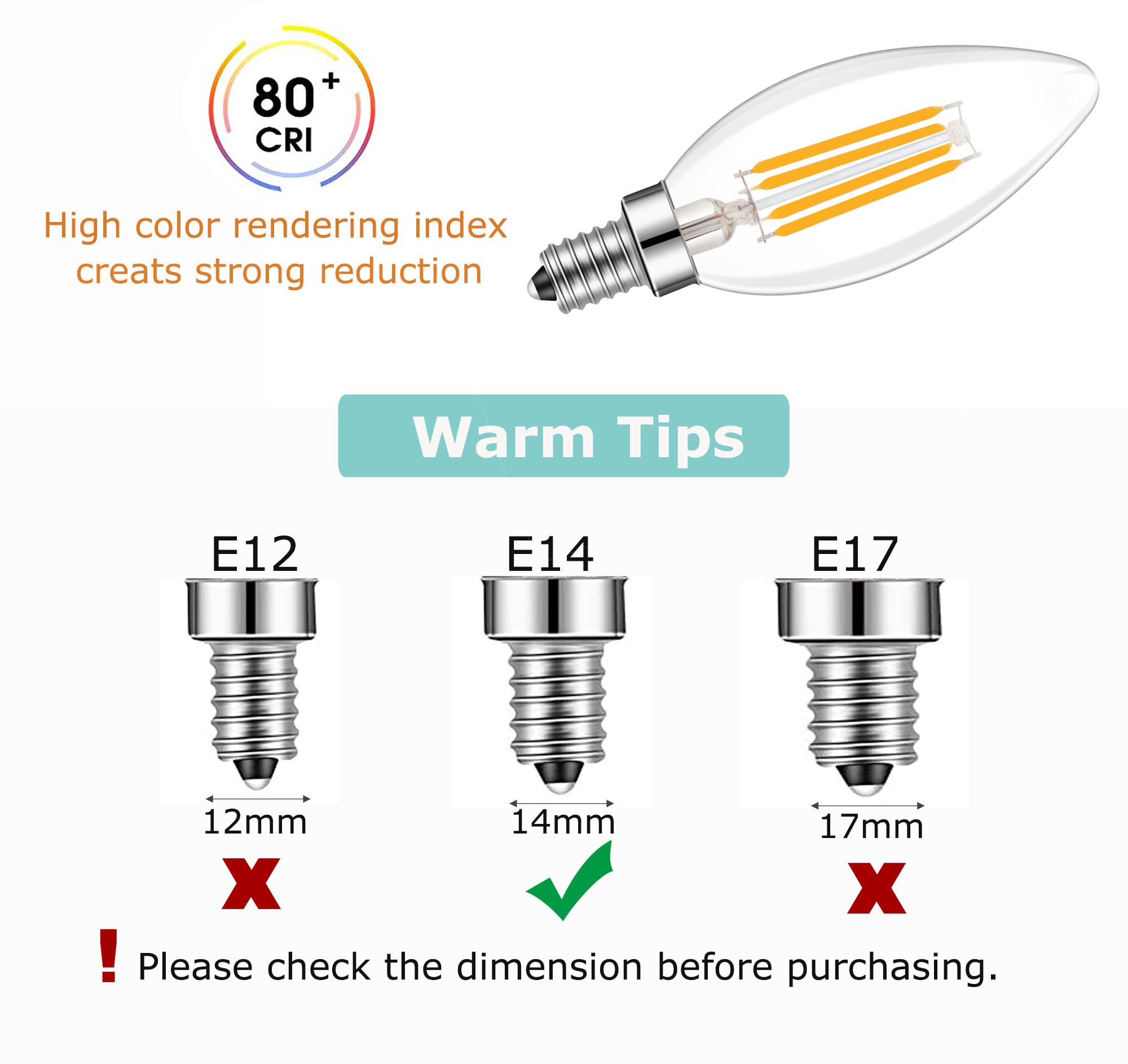 Lamsky E14 Base LED Filament Candle Shape Light Bulb,E14 European Base Bulb,Warm White 2700K 400LM 40W Equivalent,C35 Clear Glass Torpedo Shape Bullet Top,No-Dimmable (4-Pack)