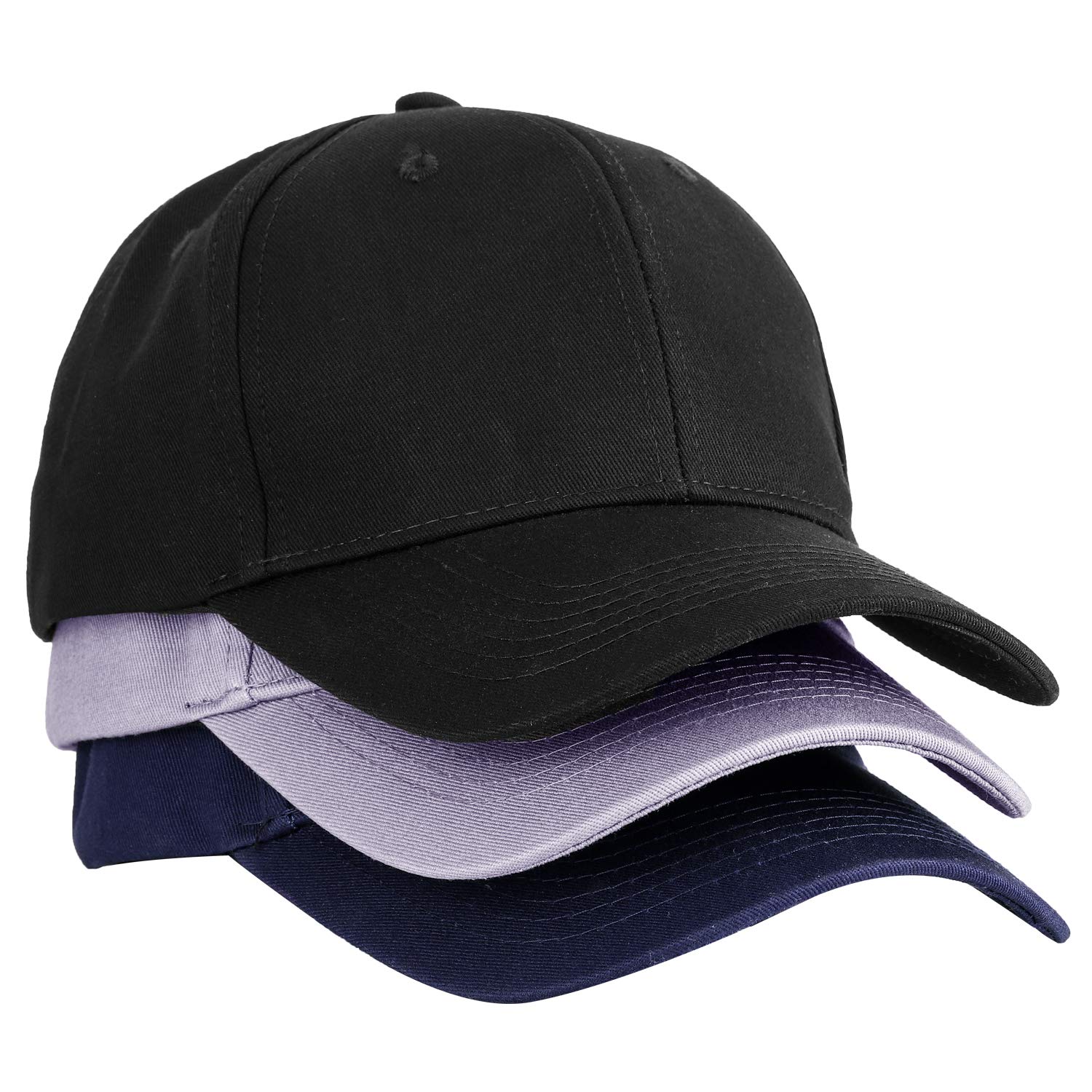 MEINICY 3PCS Plain Structured Baseball Cap, Cotton Dad Hat Fits Men Women, Adjustable Low Profile (Black+Gray+Navy)