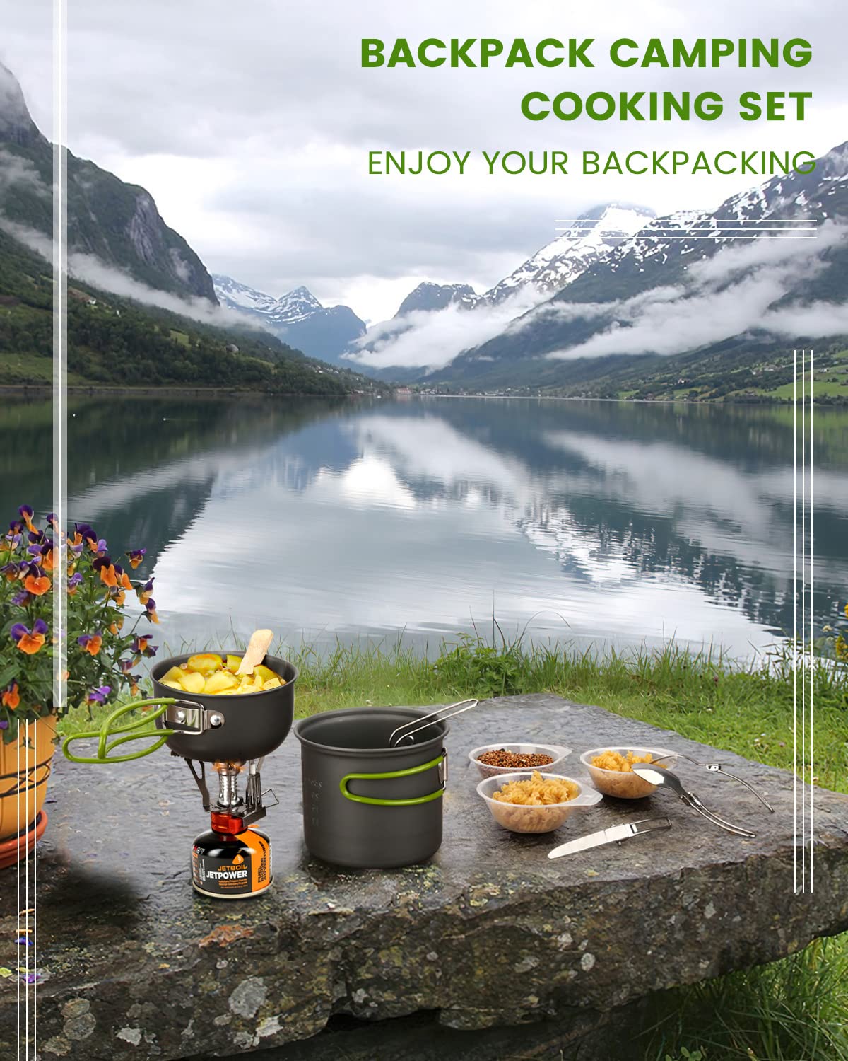 OUOYYO 13PCS Camping Cookware Mess Kit Backpacking Hiking Gear with Camping Stove, Compact Light Camping Accessories Cookware Set - Easy Clean Durable Camping Cookware Set with Stove Pan Pot Bowl