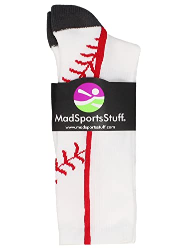 MadSportsStuff Baseball Socks with Stitches in Crew Length (White/Red, Small)