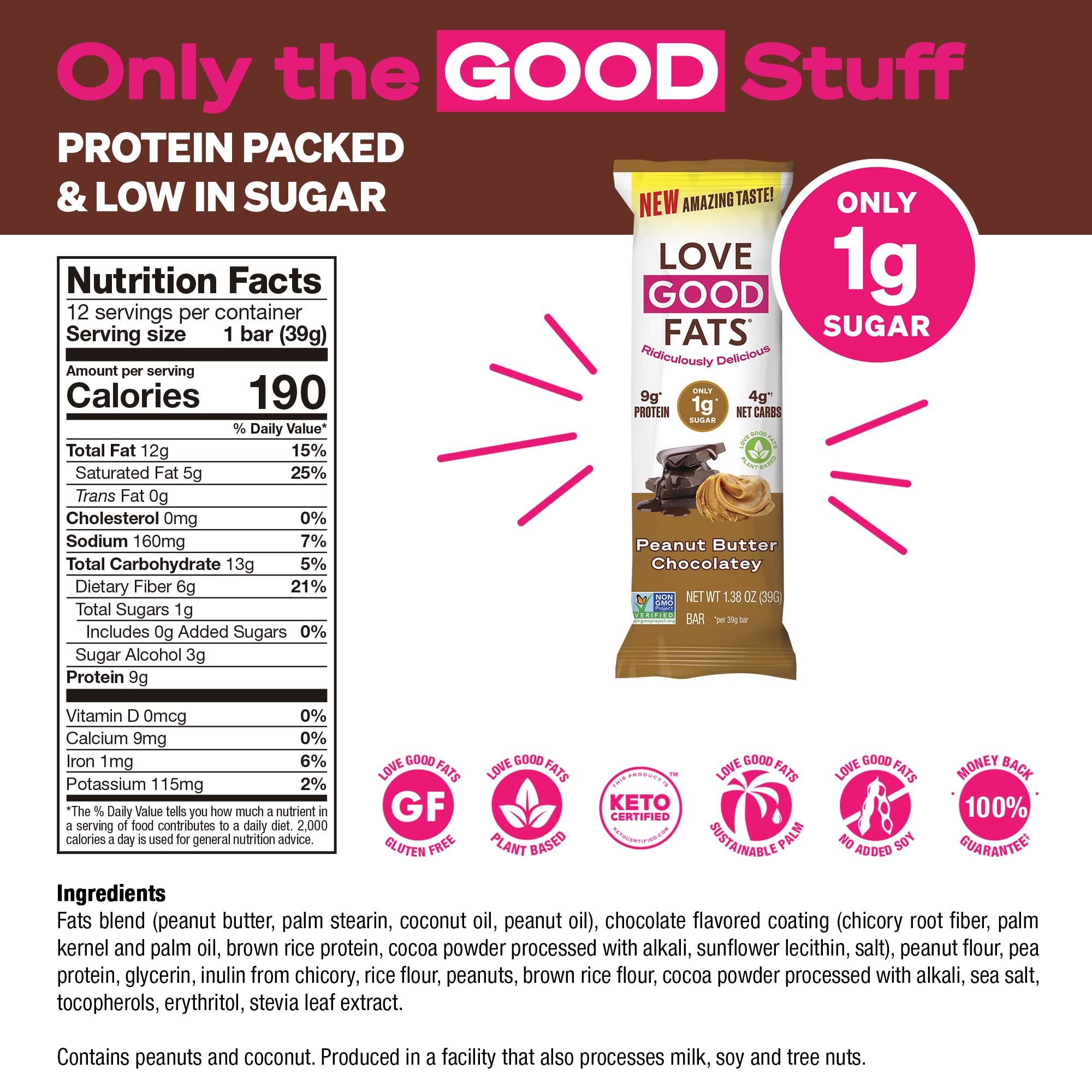 Love Good Fats Mint Chocolate Chip and Truffle Peanut Butter Chocolate - Plant-Based Protein Snack, Low Carb, Low Sugar, Gluten Free, Non GMO, 12 Pack