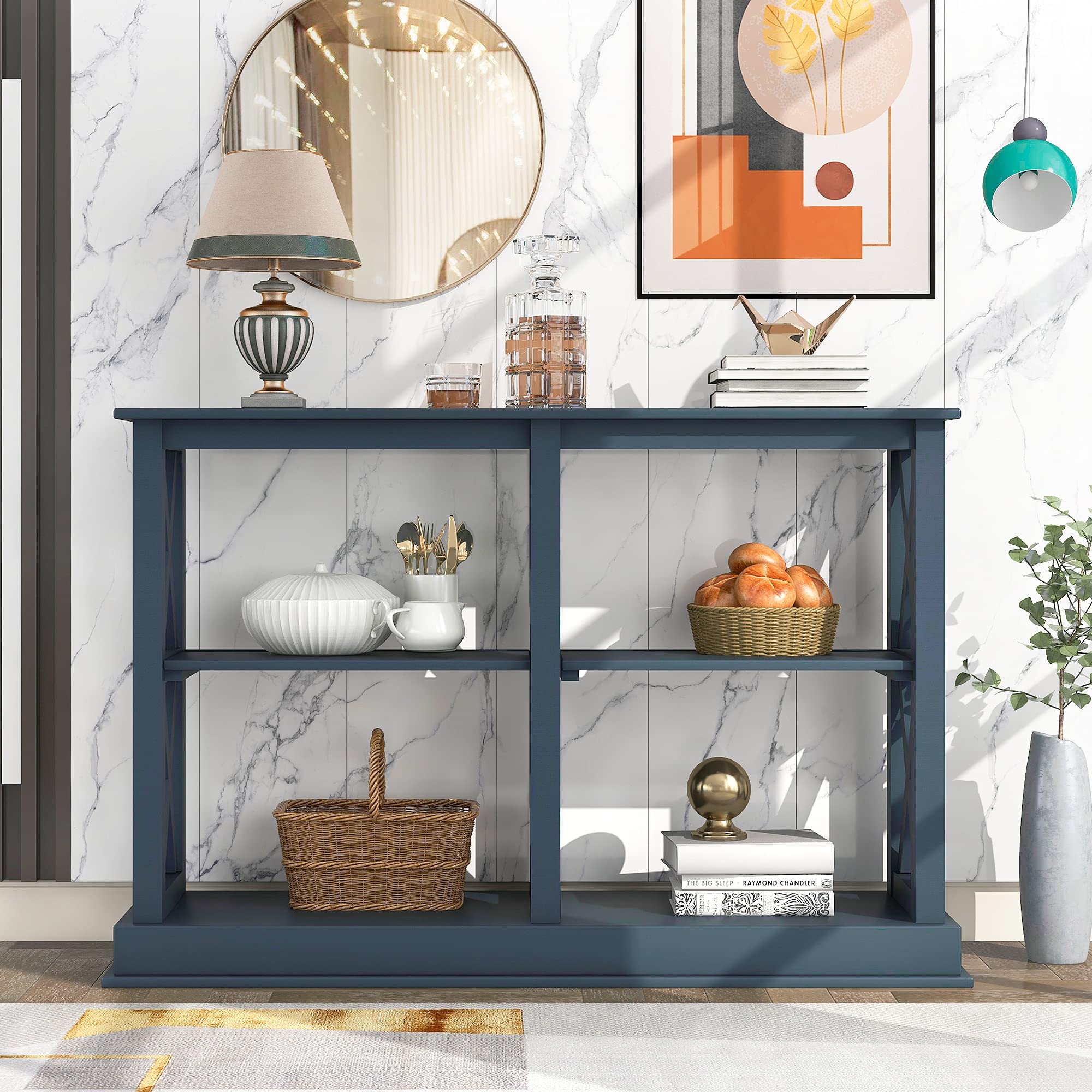 LUMISOL Narrow Industrial Console Table with 3 Tier Shelves, Entryway Table with X-Shape-Design Bookshelf, Sofa Table with Storage for Entryway, Navy Blue