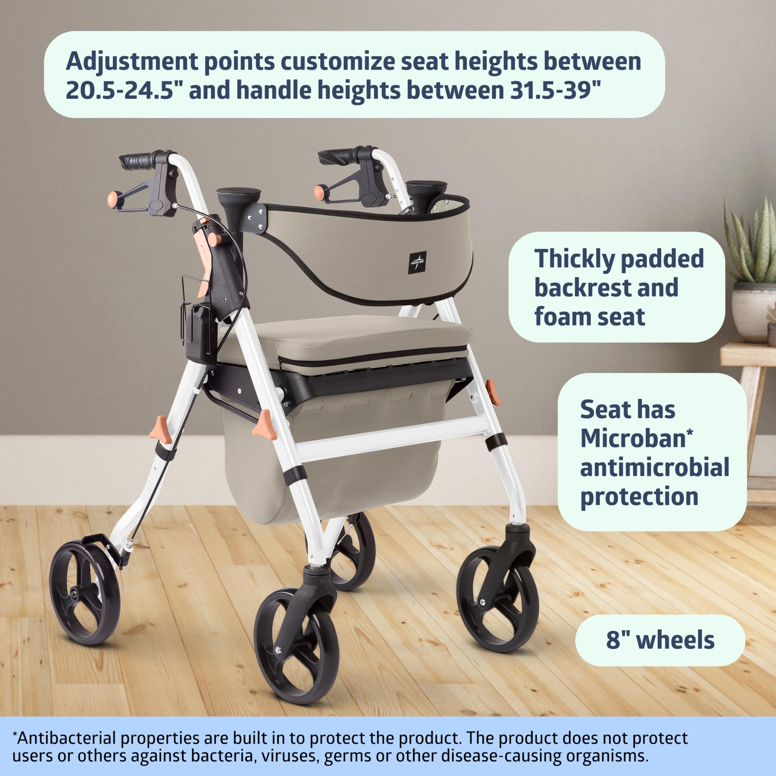 Medline Premium Empower Rollator Walker with Seat, Comfort Handles and Thick Backrest, Folding Walker for Seniors, Microban Protection, 8" Wheels, White Frame
