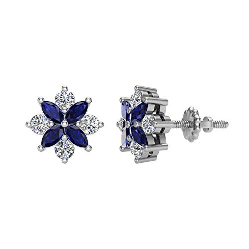 Marquise Sapphire and Round Diamond Stud Earrings 14K White Gold 0.90 carat total weight