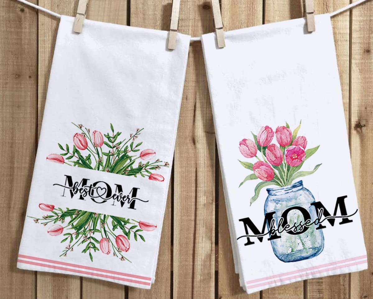 Secarond Blssed Mom Tulip Mason Jar Kitchen Dish Towel 18 x 28 Inch Set of 2, Happy Mother's Day Spring Summer Floral Tea Towels Gift Dish Cloth for Cooking Baking