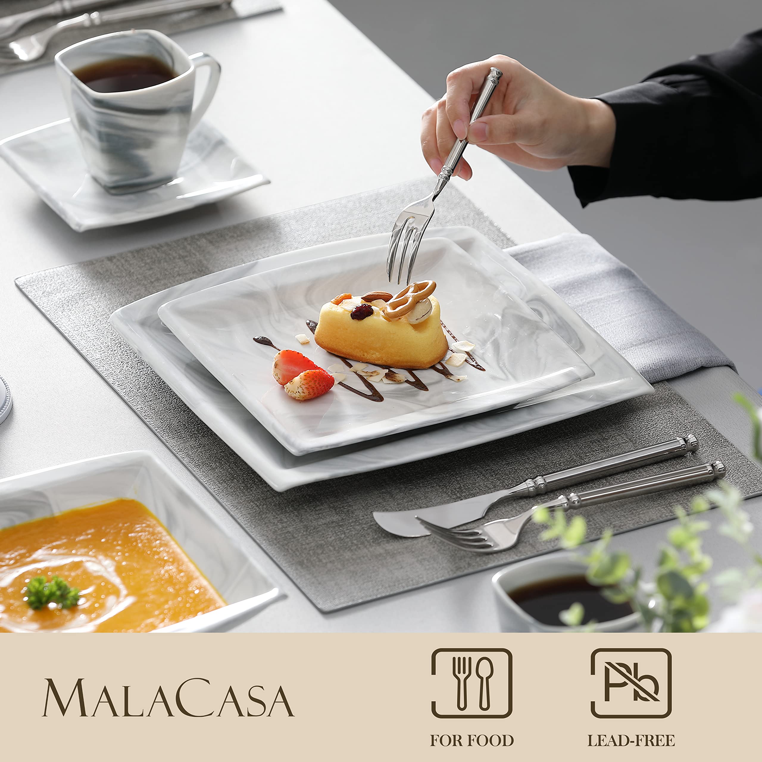 MALACASA Ivory White Dinnerware Set, 30-Piece Square Plates and Bowls Sets, Porcelain Dish Set with Dinner Plate, Dessert Plate, Soup Plate, Cup and Saucer, Dinnerware Sets for 6, Series Monica