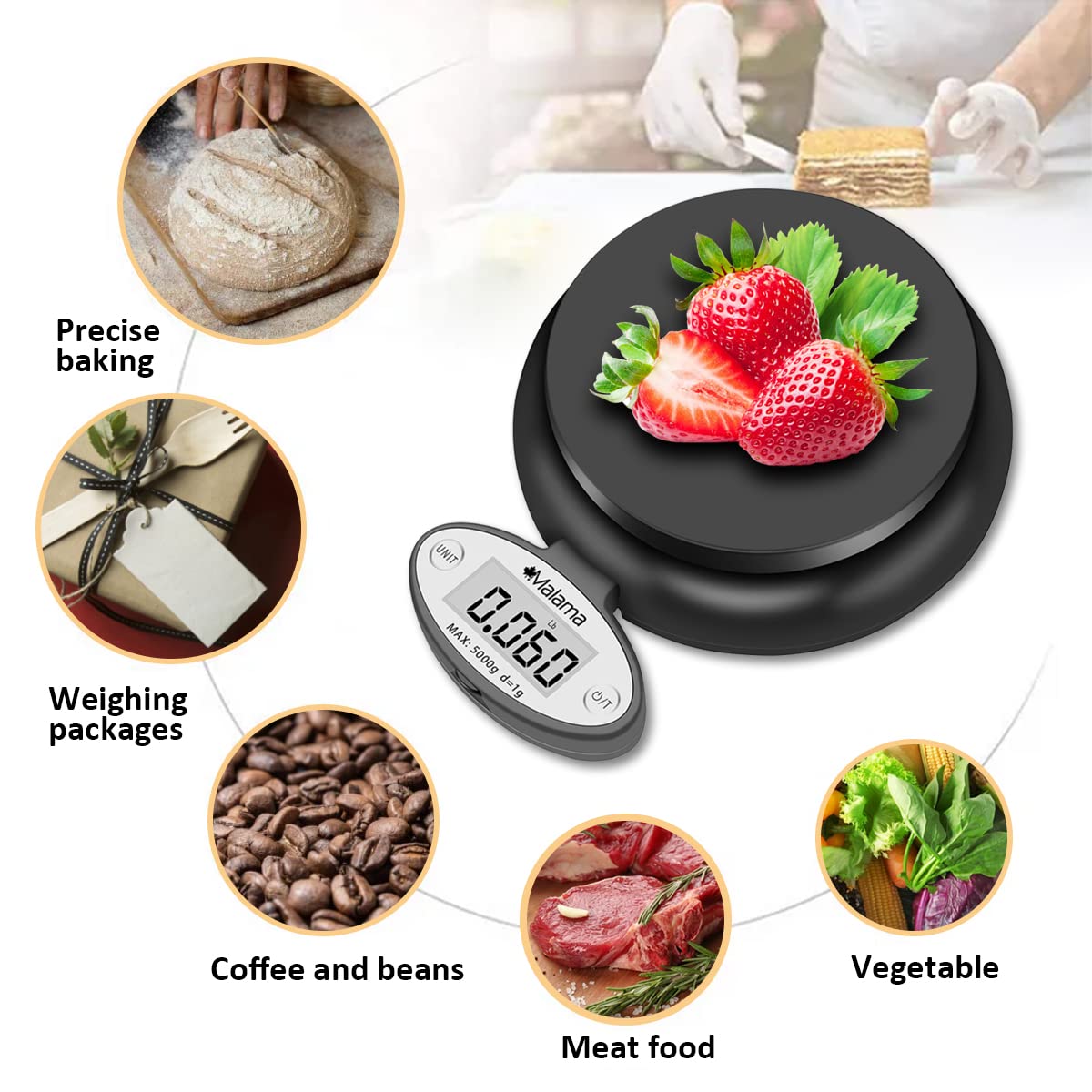 Malama Kitchen Scale Foldable, Small Food Scale for Cooking, Multifunctional Office Accurate Weighing Scale with 0.1oz/1g Increment, 11lb/5kg Capacity, Black (Batteries Included)