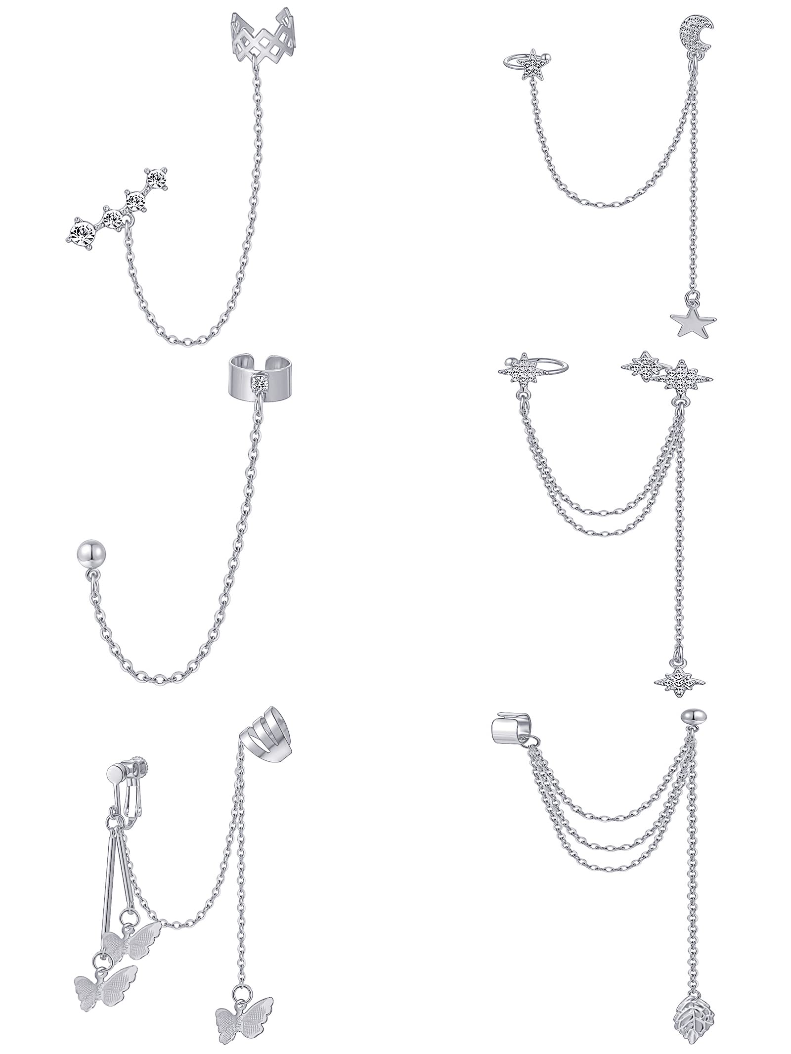Ofeiyaa 6Pcs Tassel Ear Cuff Butterfly Snowflake Flower Star Moon Leaf CZ Cuff Earring Chain Set Crawler Climber Dangling Chain Wrap Clip on Earrings Jewelry for Women Men