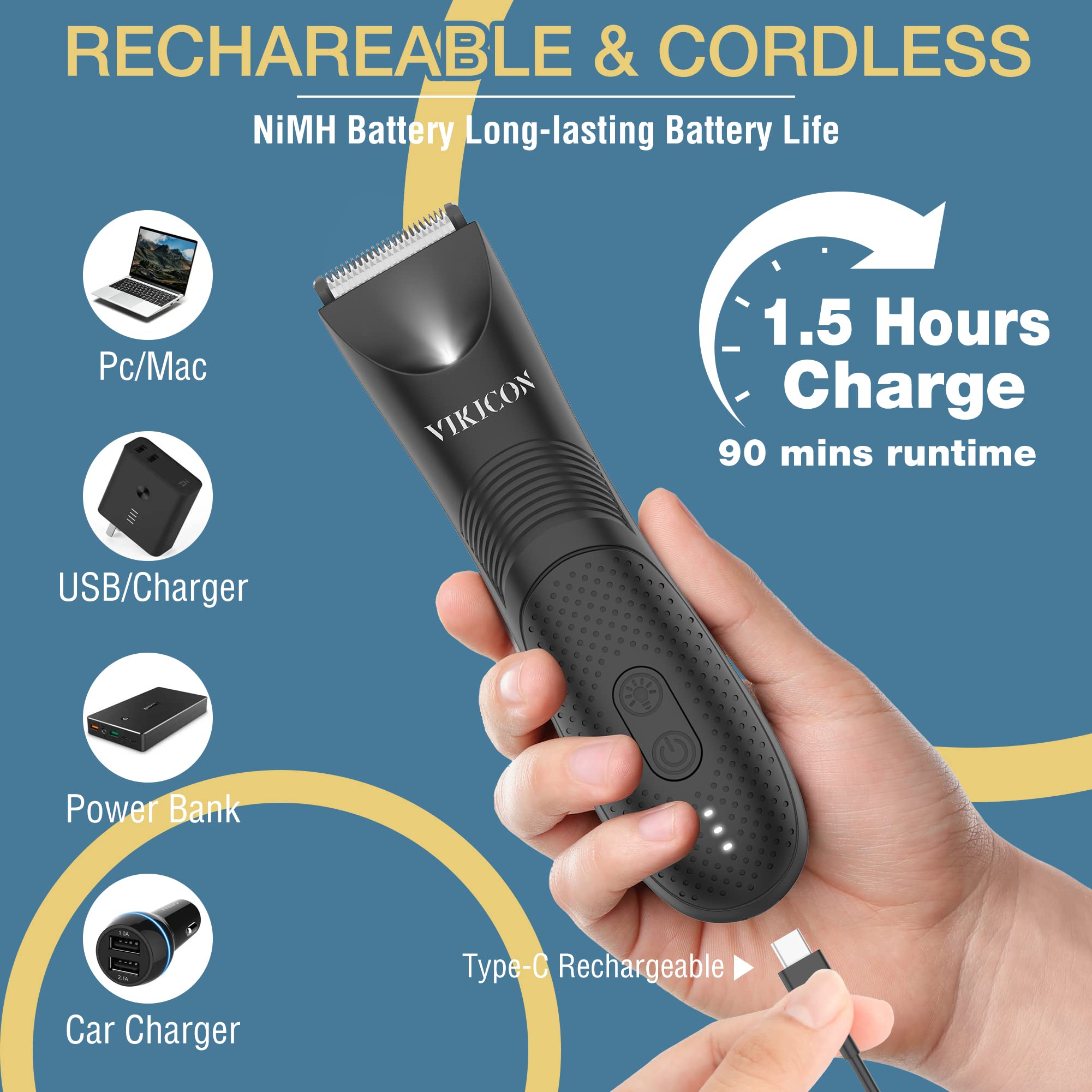 VIKICON Groin&Body Trimmer for Men, Electric Ball Shaver, Replaceable Ceramic Blade Groomer, Pubic Grooming Clipper Male Razor IPX7 Waterproof, USB Type-C Charging, 90Mins Shaving After Fully Charged