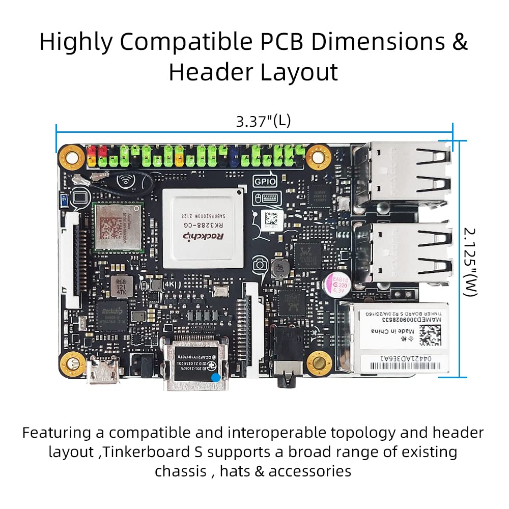 youyeetoo Tinker Board S R2.0 16GB EMMC Single Board Computer,Suppor Android 11/Debian/retropie/kodi, onboard WiFi/BT4.2/Audio Jack/LAN for AIoT Outdoor Advertising Machine(2GB RAM/Ver.A)