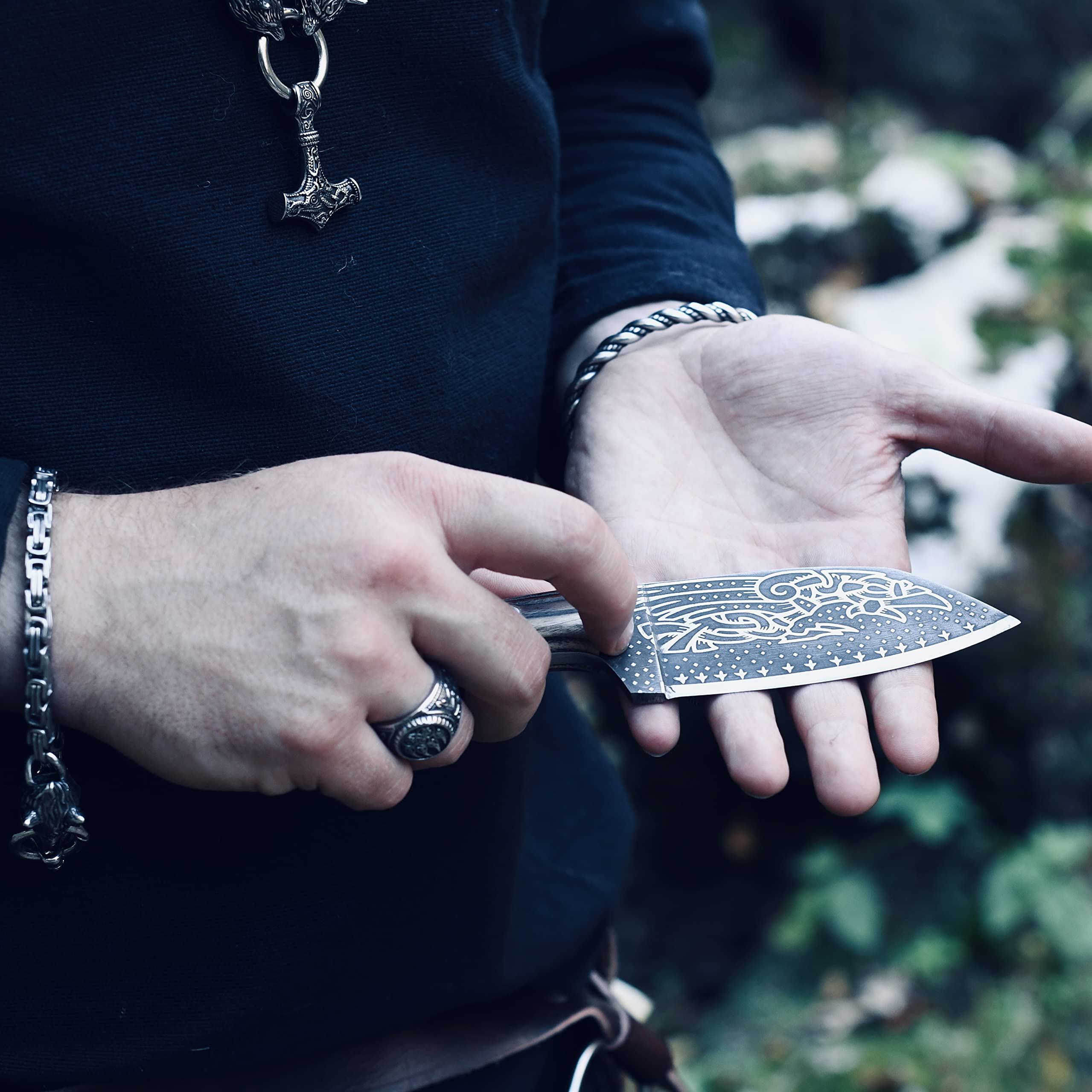 VikingsBrand Norse Viking-styled Knife - Huginn & Muninn Hand Forged Knife with Raven Engraving, Ergonomic Ash Wood Handle & Genuine Leather Sheath Holder - 4.7" Long Blade, 4.3" Handle