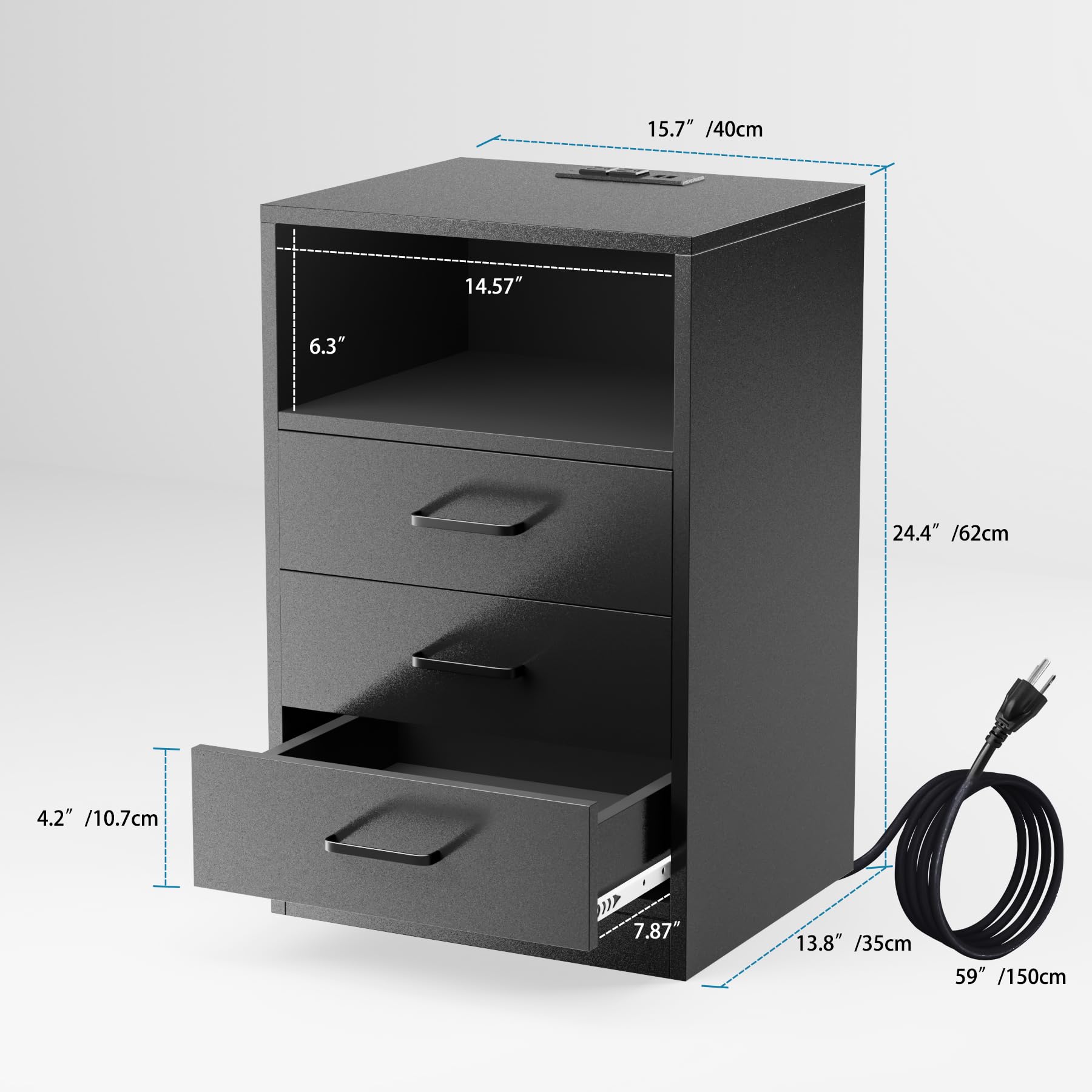 LED Nightstand with Charging Station, Modern Bedside Table for Living Room Office, End Side Table with 3 Drawers and Open Storage for Bedroom (Black)