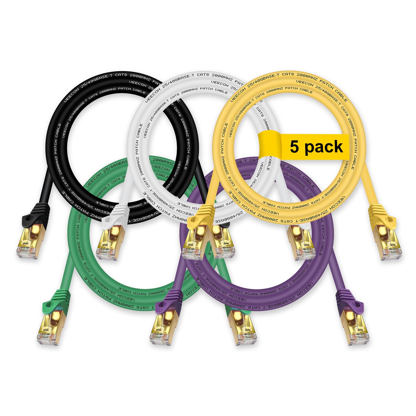 VEECOH Cat 8 Ethernet Cable 3FT/1M 5 Pack High Speed 40Gbps 2000Mhz Cat8 Internet Cable 26AWG SFTP Shielded Network LAN Patch Cord Cable with Gold Plated RJ45 for Router Gaming Modem,3 Feet BK/W/Y/G/P