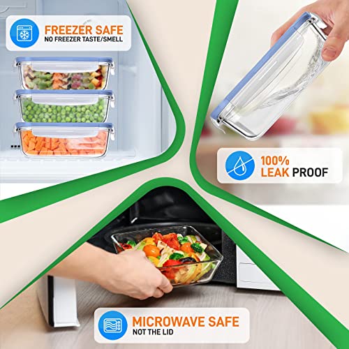 NutriChef 10-Piece Glass Food Containers - Stackable Superior Glass Meal-prep Storage Containers, Newly Innovated Leakproof Locking Lids w/Air Hole, Freezer-to-Oven-Safe,Blue