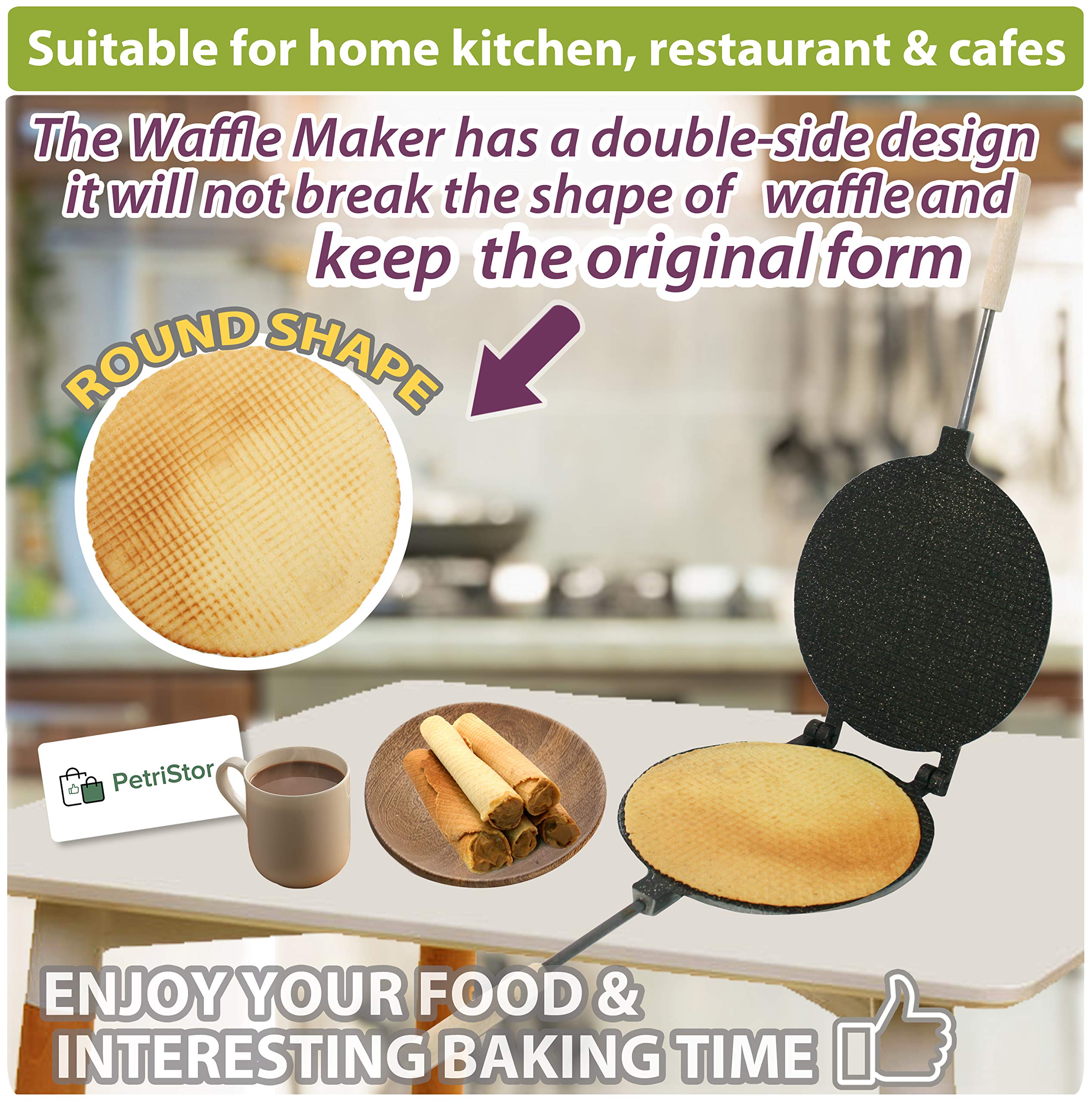 PetriStor Waffle Maker Round Has Nonstick Coating Size 8 in - Waffle Cone Maker - Krumkake Iron - Wafer Maker - Waffle Cone Maker Machine - Stroopwafel Maker - Ice Cream Cone Maker