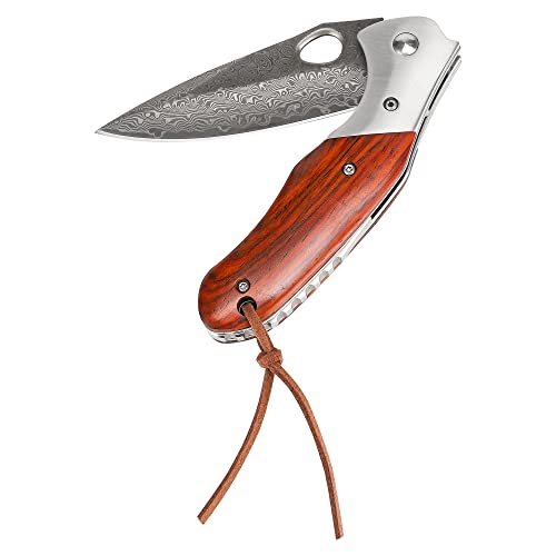 STANBIK Damascus Pocket Knife with Sheath,3.1 inch Damascus Steel Folding Knife,Sandalwood Handle,EDC Pocket Knives for Hiking Camping.