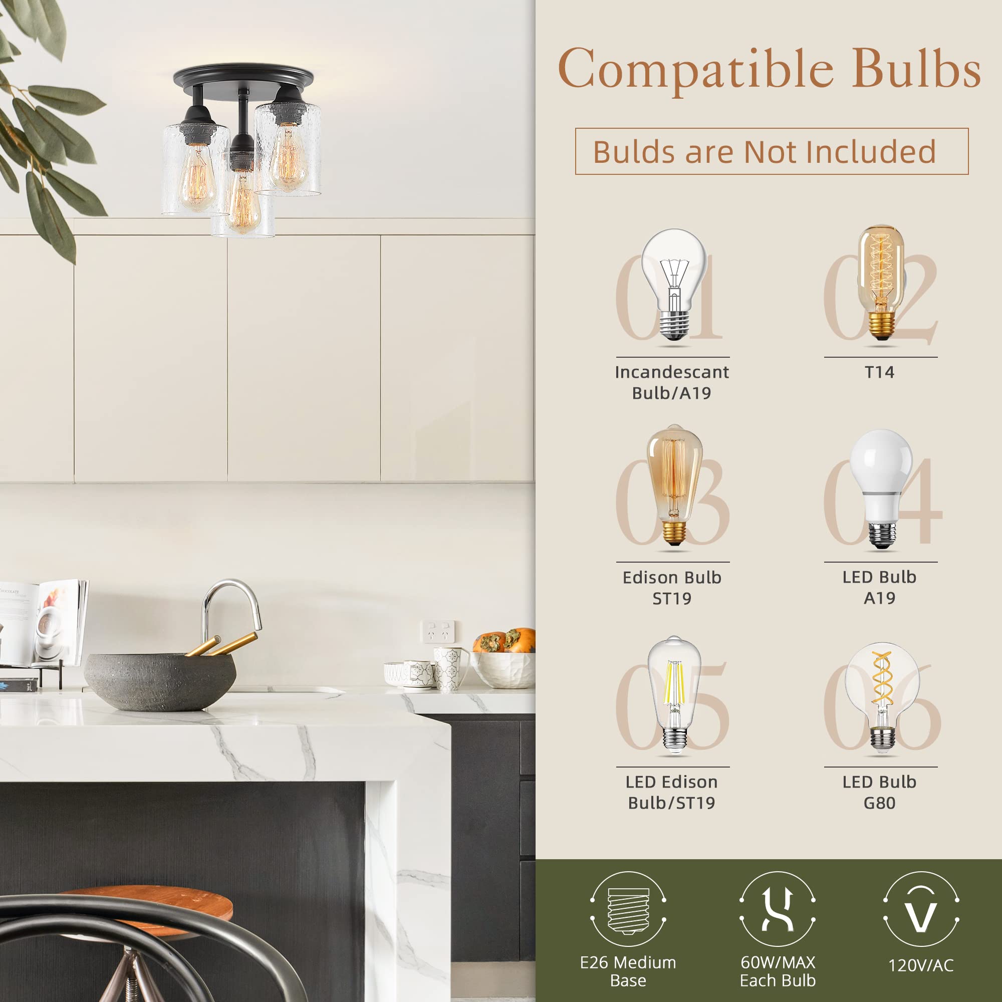 LEDIARY Semi Flush Mount Ceiling Light Fixtures, 3-Light Industrial Black Light Fixtures Ceiling Mount, Kitchen Light Fixtures with Clear Seeded Glass Shades for Hallway, Entryway, Bedroom