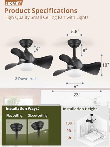 LEDIARY- 23" LED Ceiling Fans with Lights - Small Ceiling Fan with Lights Remote Control, 6 Speeds, Reversible Blades, 3 Color Temperature, Modern Ceiling Fan with Light for Bedroom, Kitchen-Black