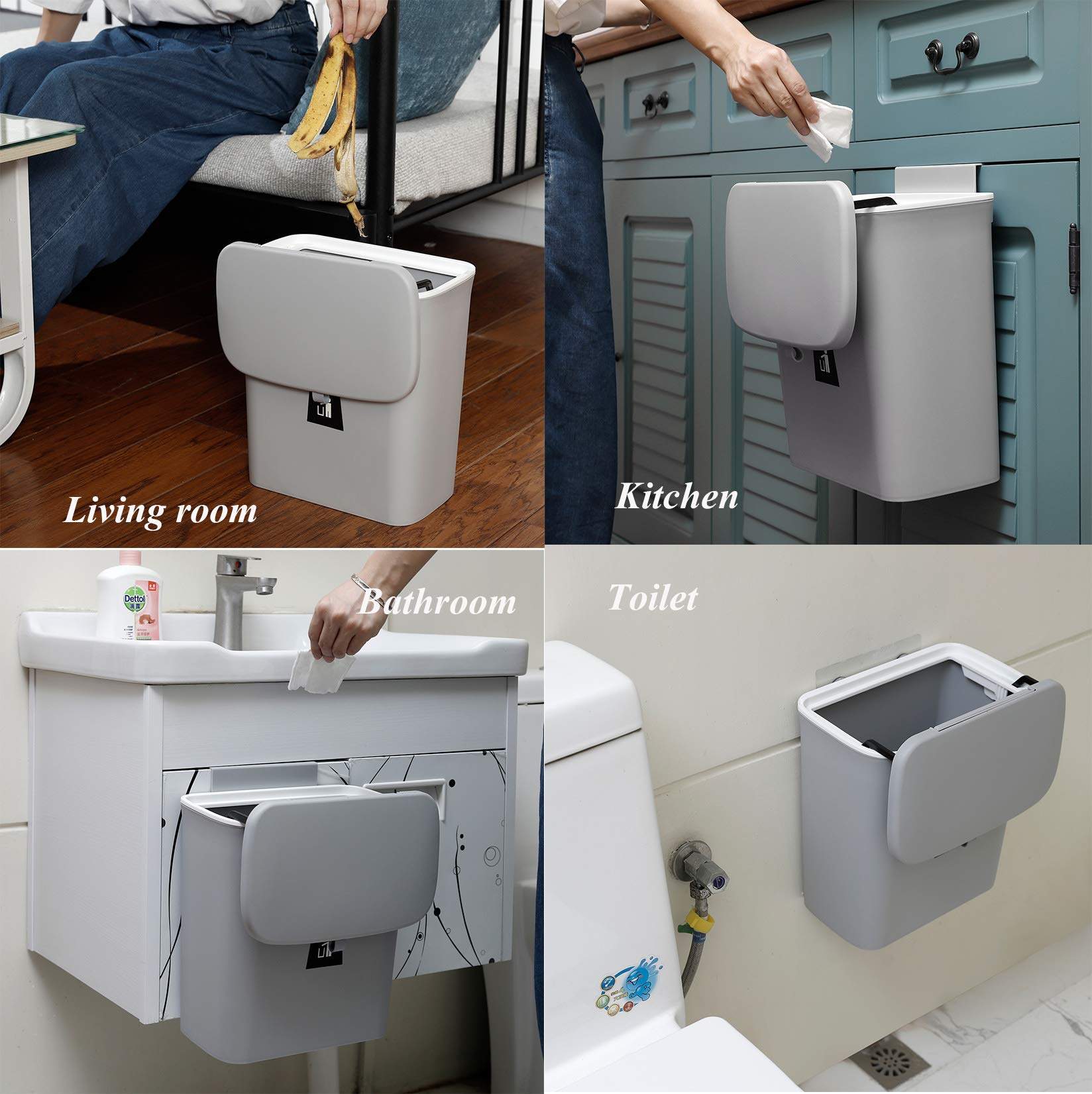 Lunies 2.4 Gal Compost Bin/Hanging Small Trash Can with Lid for Kitchen Cabinet Door/Counter Top/Under Sink/Bedroom/Bathroom/Cupboard Grey