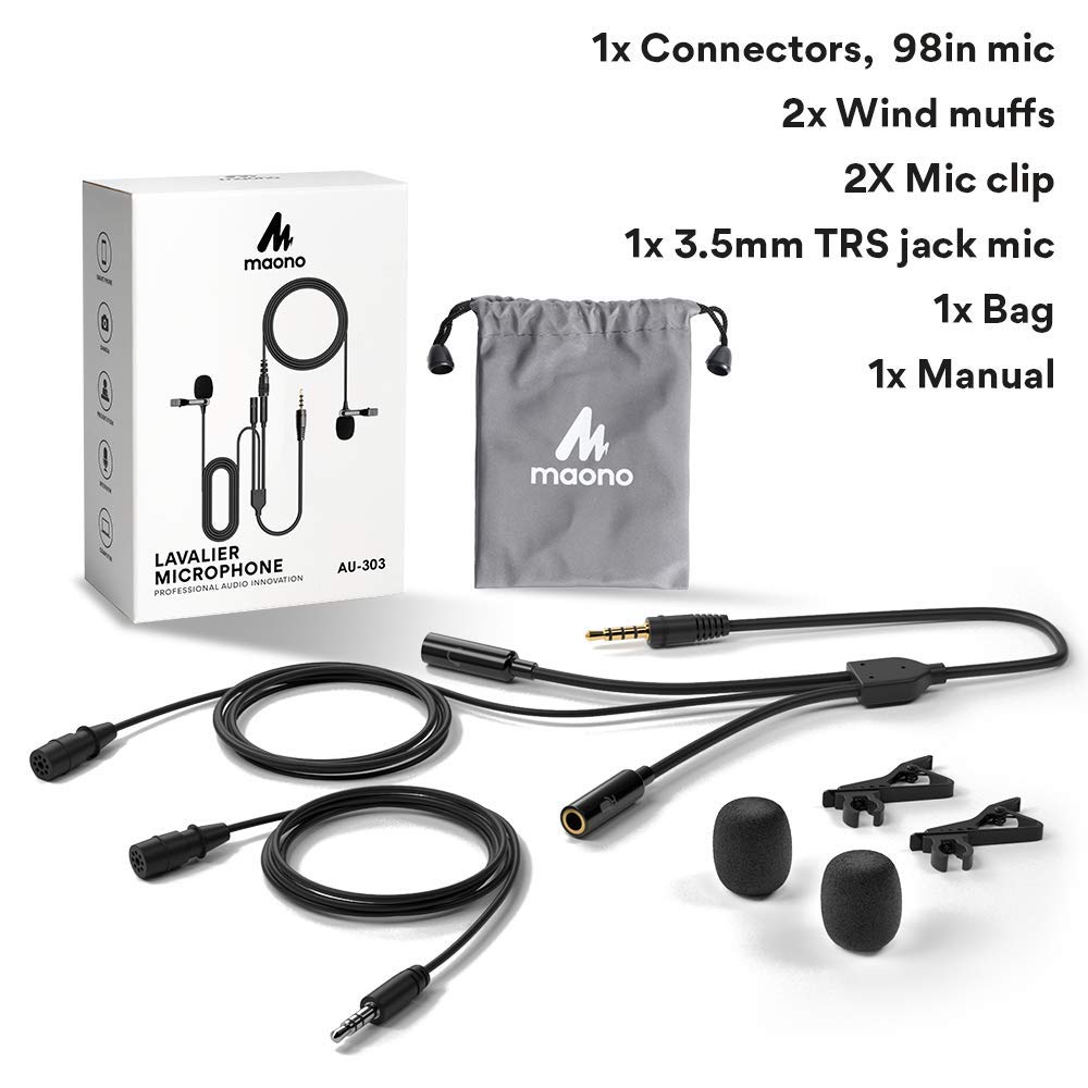 MAONO Lavalier Microphone for iPhone Android Smartphones, 2 Pack Professional Omnidirectional Condenser Clip on Lapel Mic for Recording, Interview, YouTube Video, Vlogging (AU-303)
