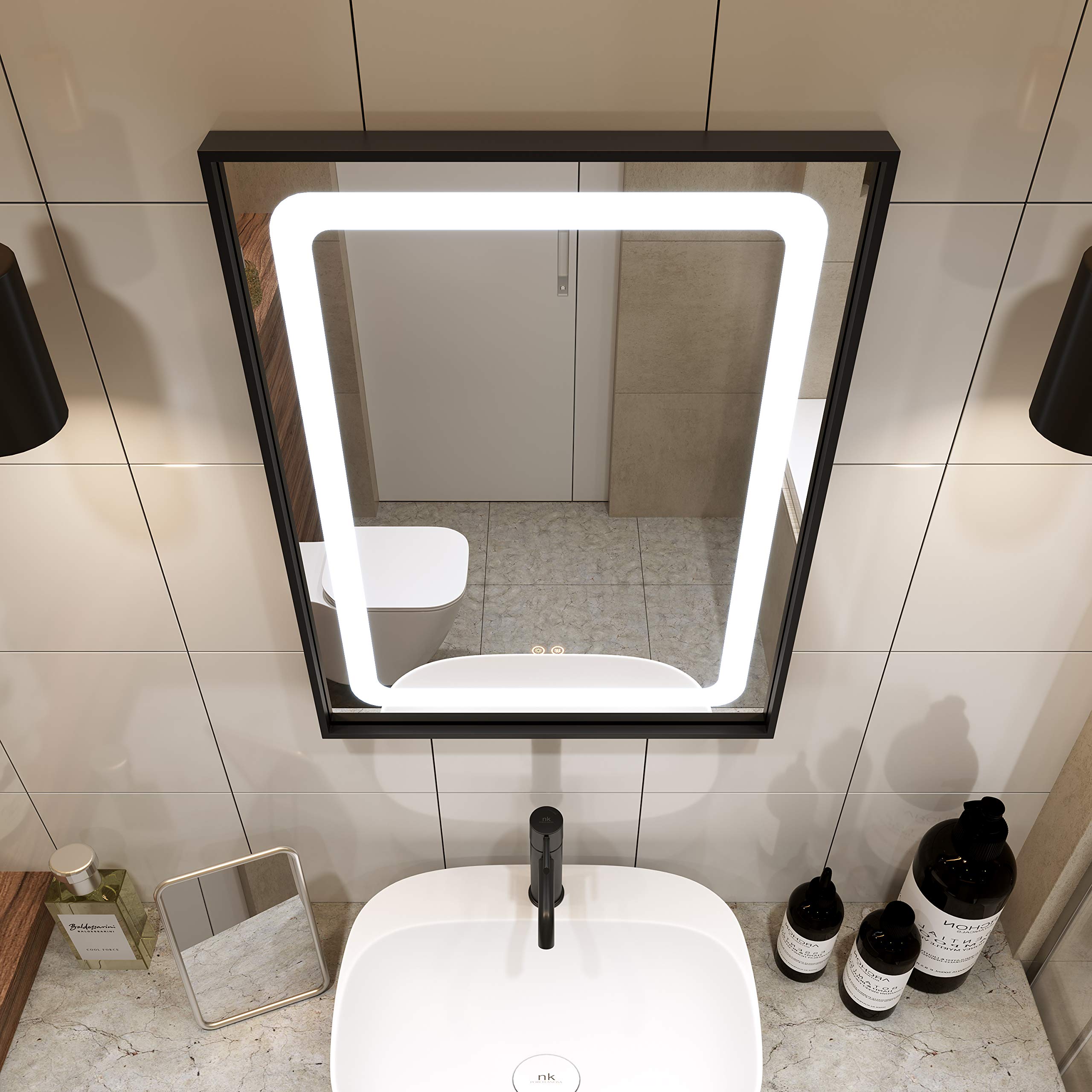 Petus PetusHouse 20 X 28 Inch LED Lighted Bathroom Mirrors, Black Frame Wall Mounted White Light Dimmable Defogger Memory Button Waterproof CRI>90, Vertical