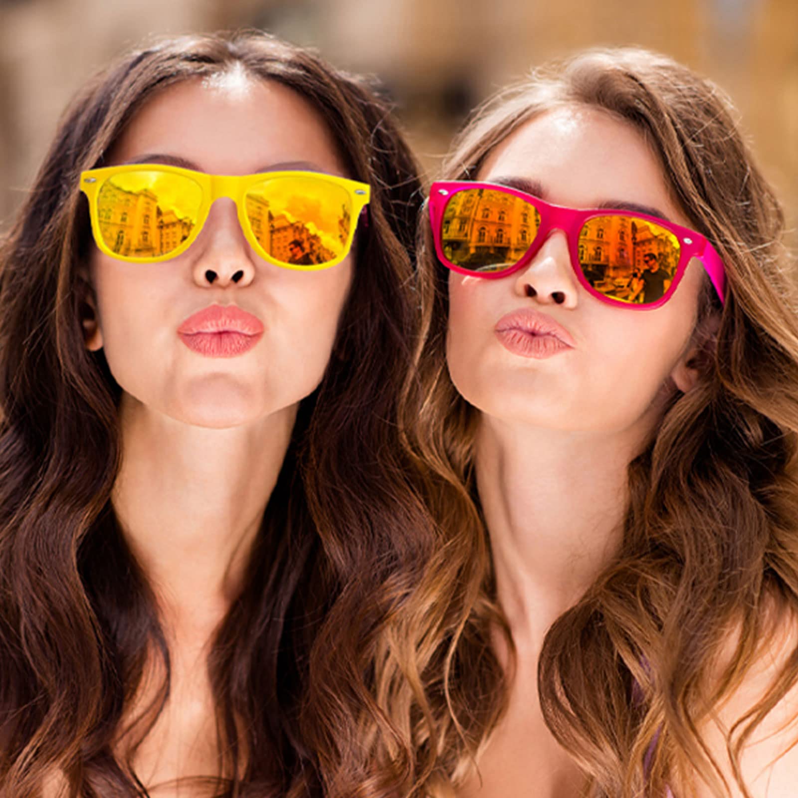 SUNOVELTIES 12 Pack Retro Neon Color Sunglasses Classic Mirrored Lenses Glasses Men/Women Eyewear for Birthday Bachelorette Summer Vacation Parties