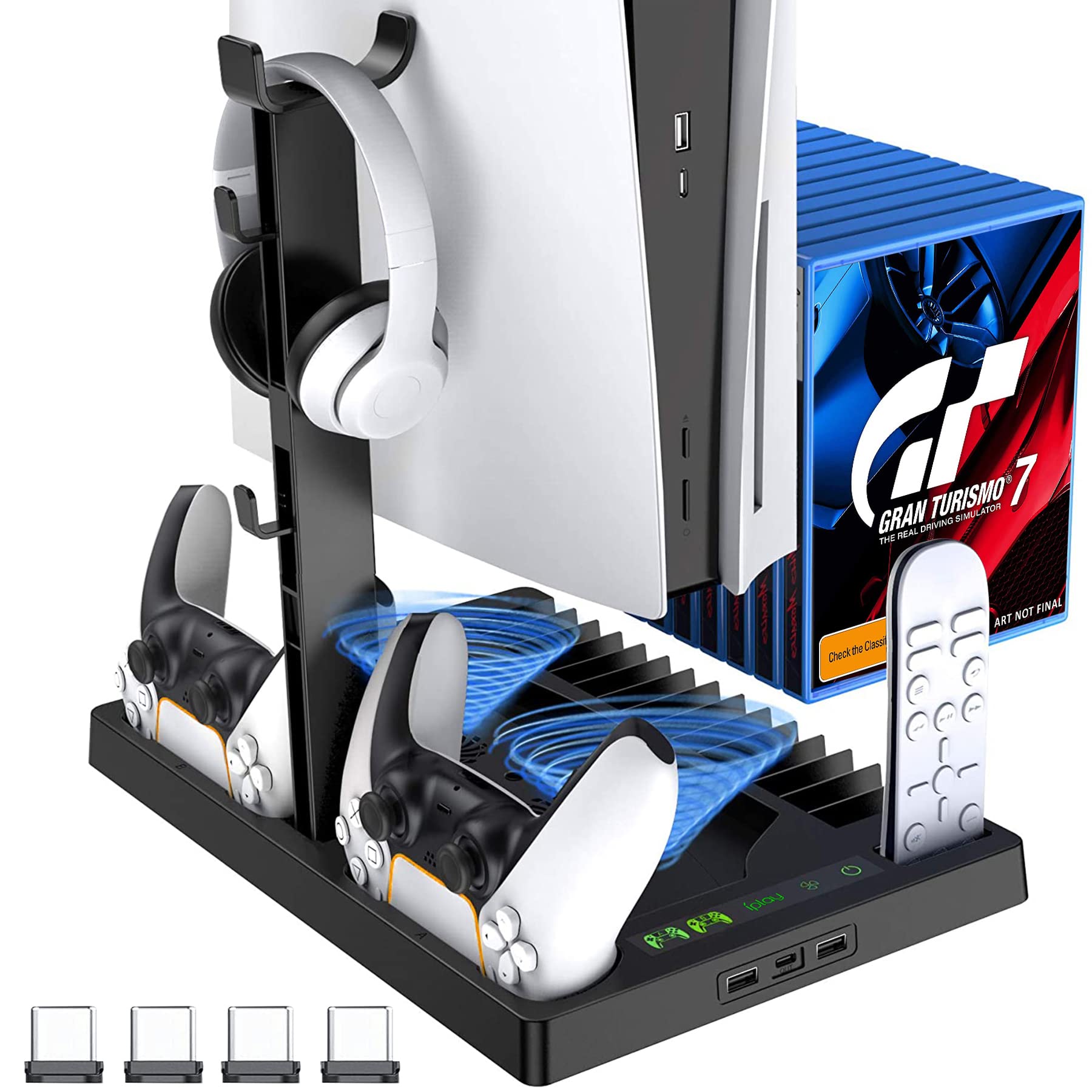 OFUN PS5 Console Stand with Wireless Charging, Cooling Fans, Storage and USB Hub, 2 Controllers Charged