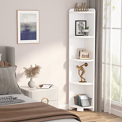 Tribesigns White Corner Shelf, 5 Tier Wood Wall Corner Bookshelf with Anti-Slip Pad, Corner Storage Rack Shelves Display Plant Flower, Stand Ladder Bookcase for Home Office Kitchen Bedroom