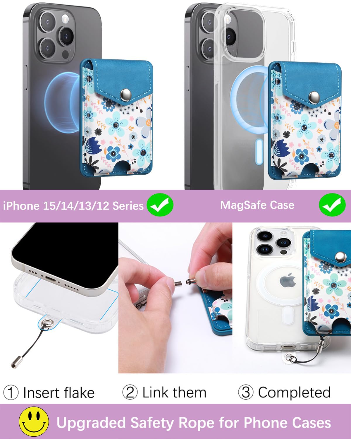 Magnetic Card Holder for Apple Magsafe Wallet for iPhone 15/14/13/12 Series, Fit 5 Cards RFID Blocking Mag Safe Floral Pattern Leather Wallet for iPhone 15 PLUS,Pro Max - Blue
