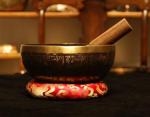 TJLSS Mantra Buddha Pattern Tibetan Singing Bowl Yoga Meditation Bowls Set with Dual Surface Mallet and Silk Cushion Promotes