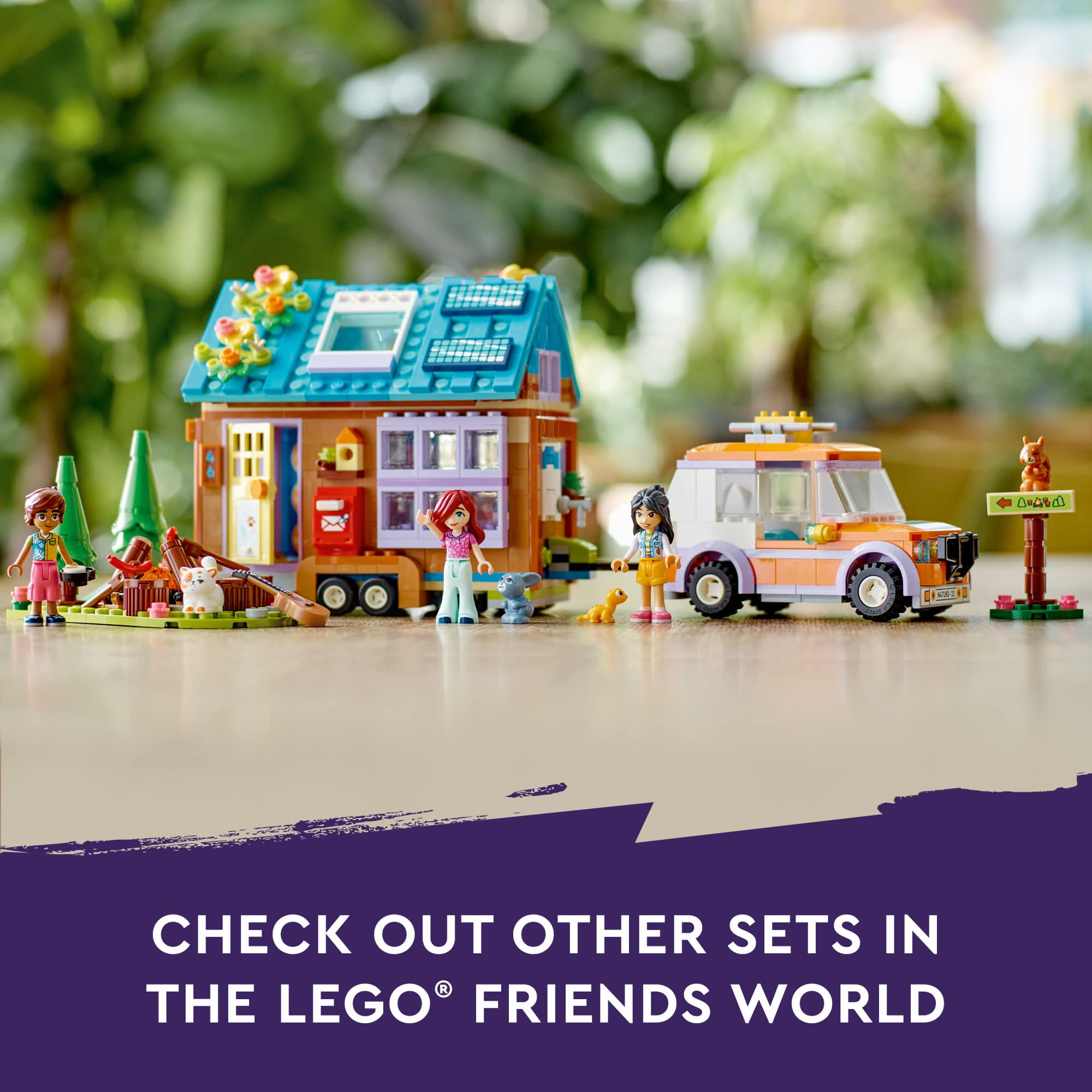 LEGO Friends Mobile Tiny House 41735, Forest Camping Dollhouse Pretend Play Set with Toy Car to Enjoy The Great Outdoors, includes Leo & Liann Friendship Mini-Dolls, Gift Idea for Kids 7 Plus
