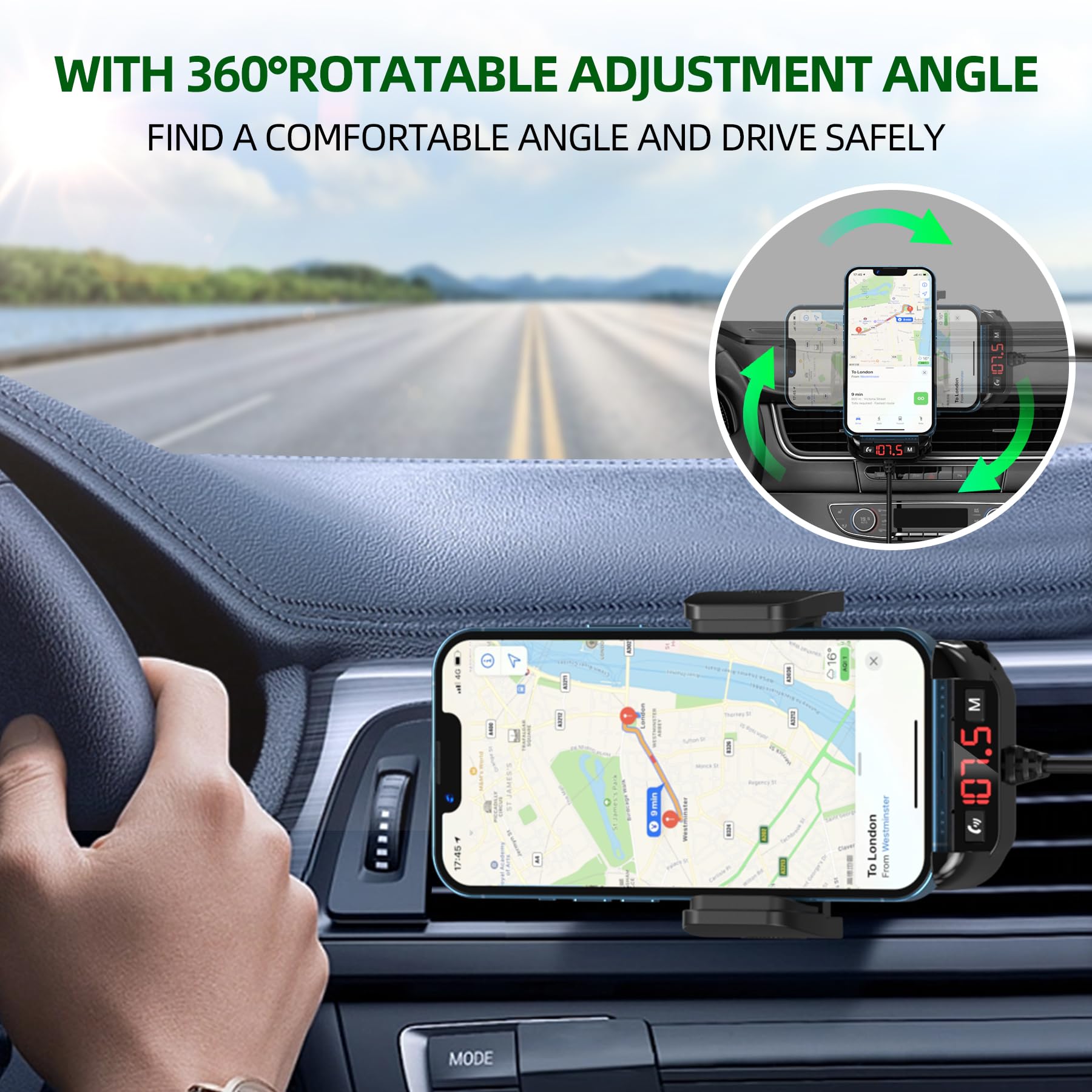 Majiphi Bluetooth Car Adapter,[Your Friendly FM Bluetooth Transmitter for Car Driving],Quickly Controlled with Car's A/C Vent Phone Mount,5.3 FM/AUX for Hands-Free Calling and Enjoy Music (Dark Grey)