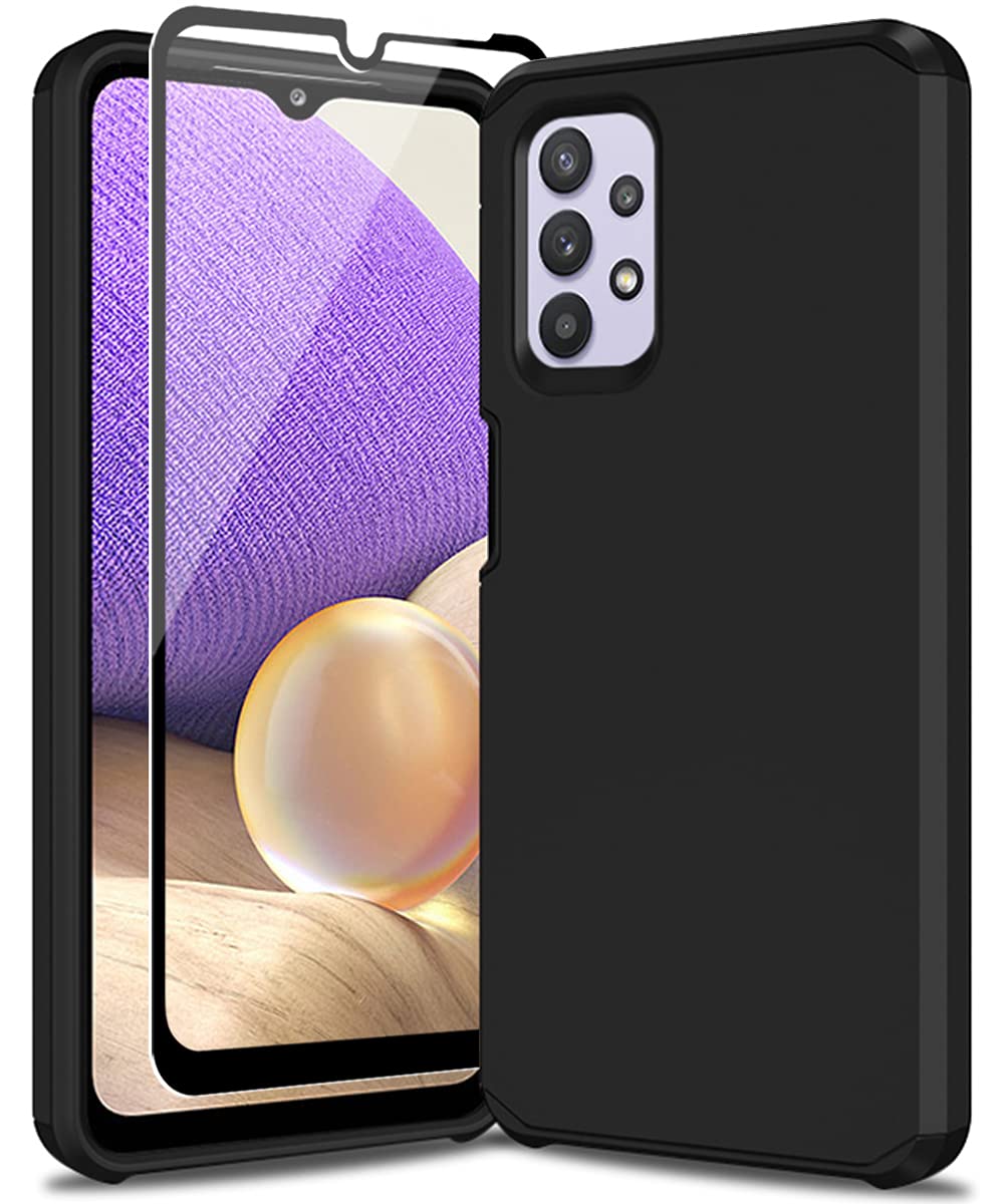 SunRemex Samsung Galaxy A32 5G Case with Tempered Glass Screen Protector, Hybrid Shock Proof Protective Rugged Bumper Cover Case for Samsung Galaxy A32 5G 2021 Phone (Black)