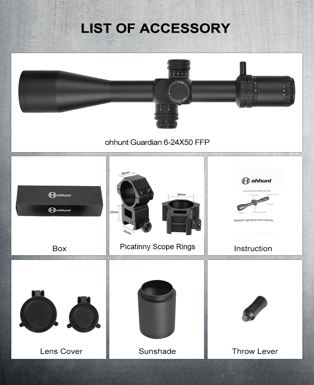 ohhunt Guardian 6-24x50 First Focal Plane FFP Rifle Scopes Side Parallax Adjustment Optics with Scope Mount Rings