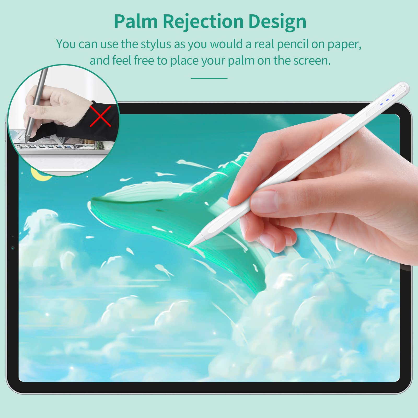 Stylus Pen for iPad, Active Pencil with Palm Rejection, Compatible with iPad 8th/7th/6th Gen, iPad Pro 11 & 12.9 inch, iPad Air 5th/4th/3rd Gen, iPad Mini