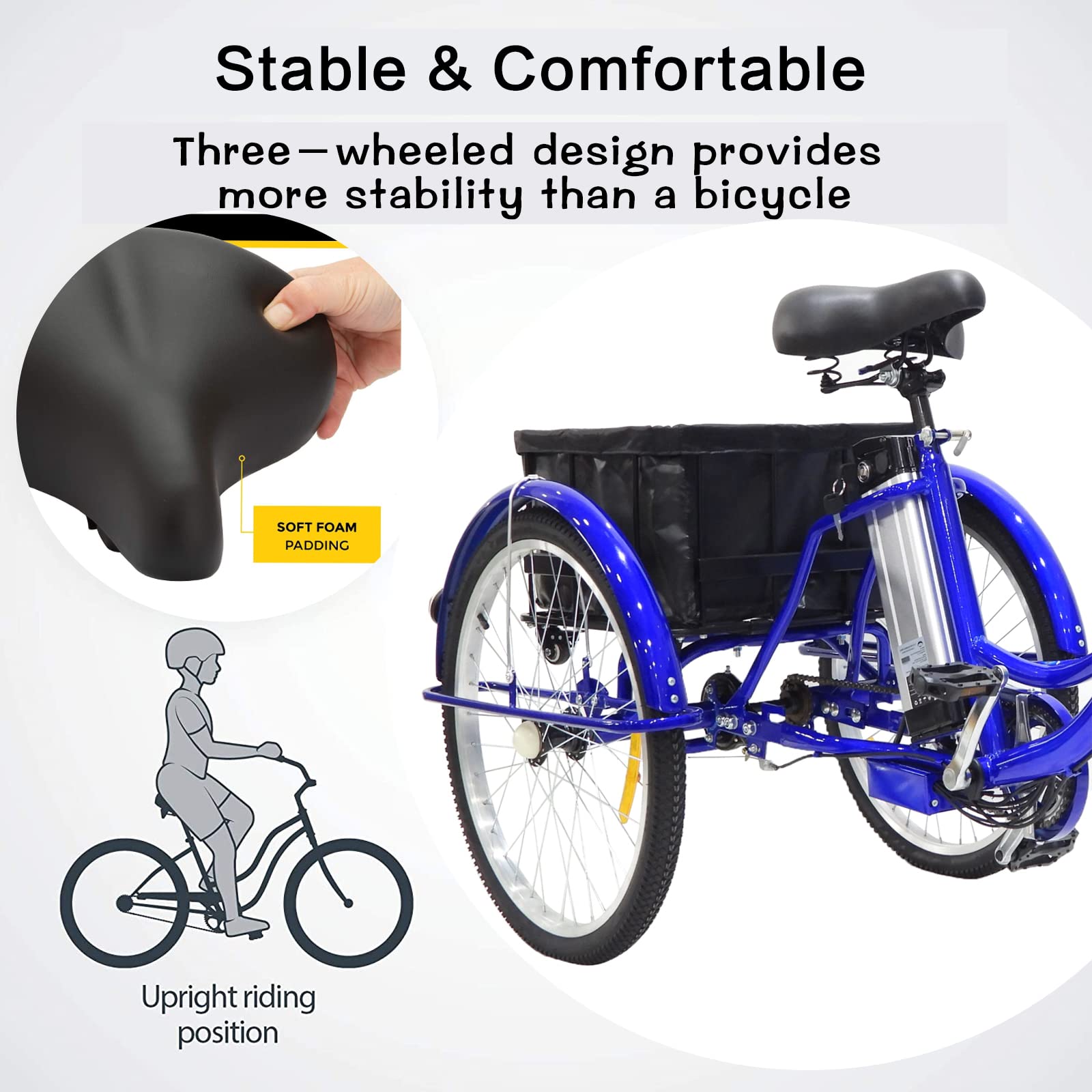 TMIAD 3 Wheel Electric Bicycle 24" Tricycle for Adults with 350w Motor and 36V 12Ah Removable Lithium Battery, Low Step-Through Aluminum Frame, Cargo Basket (Blue 2)