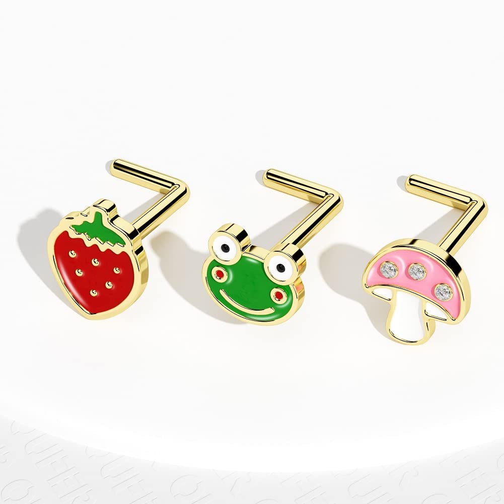 OUFER 20G Gold Nose Studs, Frog L-Shaped Stainless Steel Nose Ring Stud, Mushroom Nostril Piercing Jewelry for Women