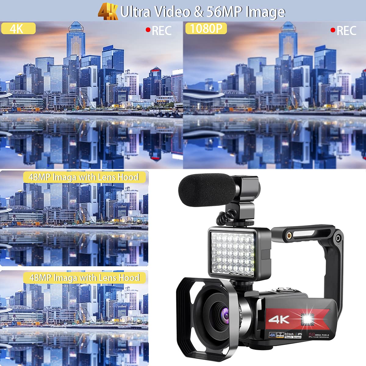 OIEXI 4K Camera for YouTube Videos HD Camcorder with LED Light Digital Vlog Camera with 16X Digital Zoom and Night Vision, Video Recorder with Microphone,(Red,2 Batteries Included)