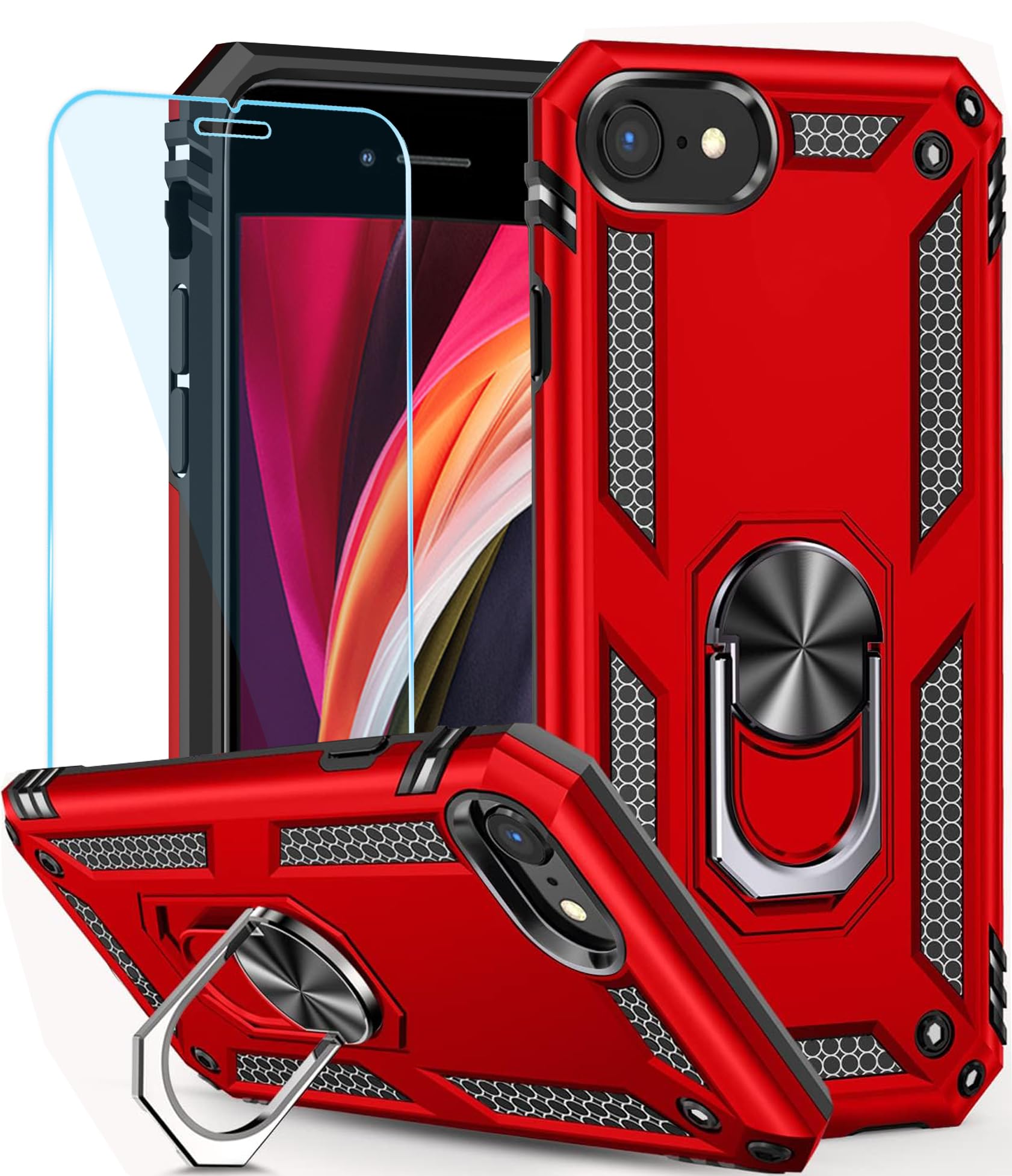 SunStory for iPhone SE 2022 Case, iPhone SE 2020/8/7 Case with HD Screen Protector & Magnetic Ring Kickstand,[Military Grade] Cover for iPhone SE 2022/SE 2020/8 /7 Phone (Red)