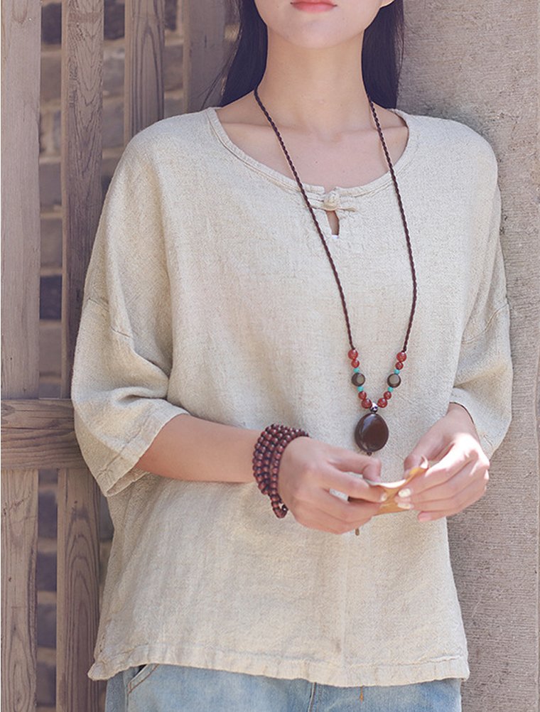 Minibee Women's Elbow Sleeve Linen Tunic Tops Solid Color Retro Blouse Linen L