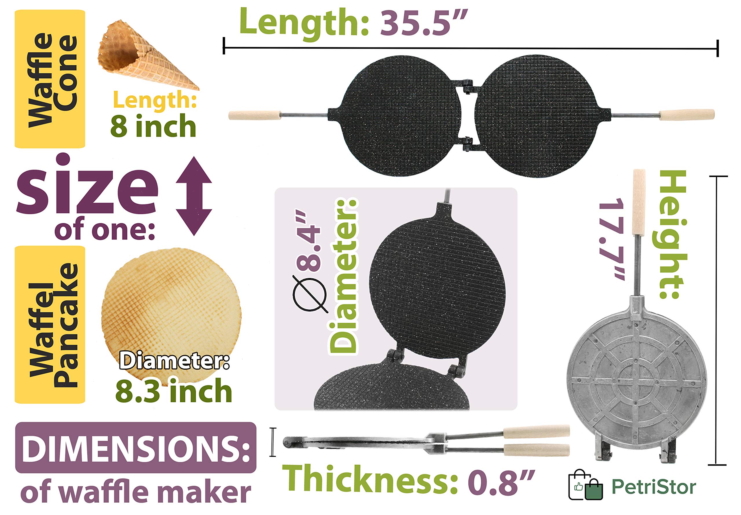 PetriStor Waffle Maker Round Has Nonstick Coating Size 8 in - Waffle Cone Maker - Krumkake Iron - Wafer Maker - Waffle Cone Maker Machine - Stroopwafel Maker - Ice Cream Cone Maker