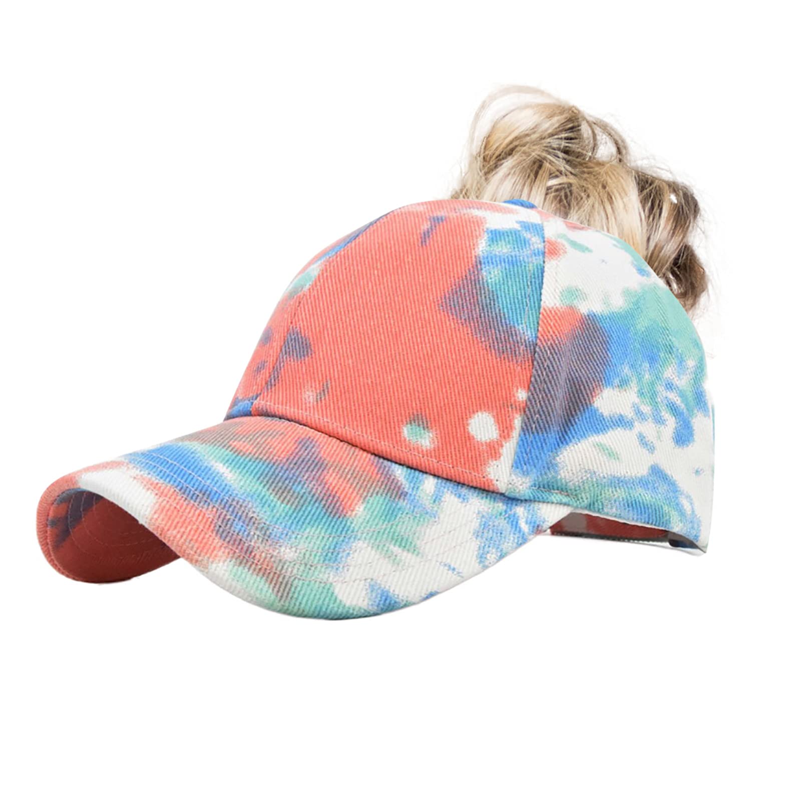 Ponytail Hat Baseball Cap for Women Criss Cross Adjustable Washed Tie Dye Messy Bun Trucker Dad Hat Ponycaps Womens Multicoloured