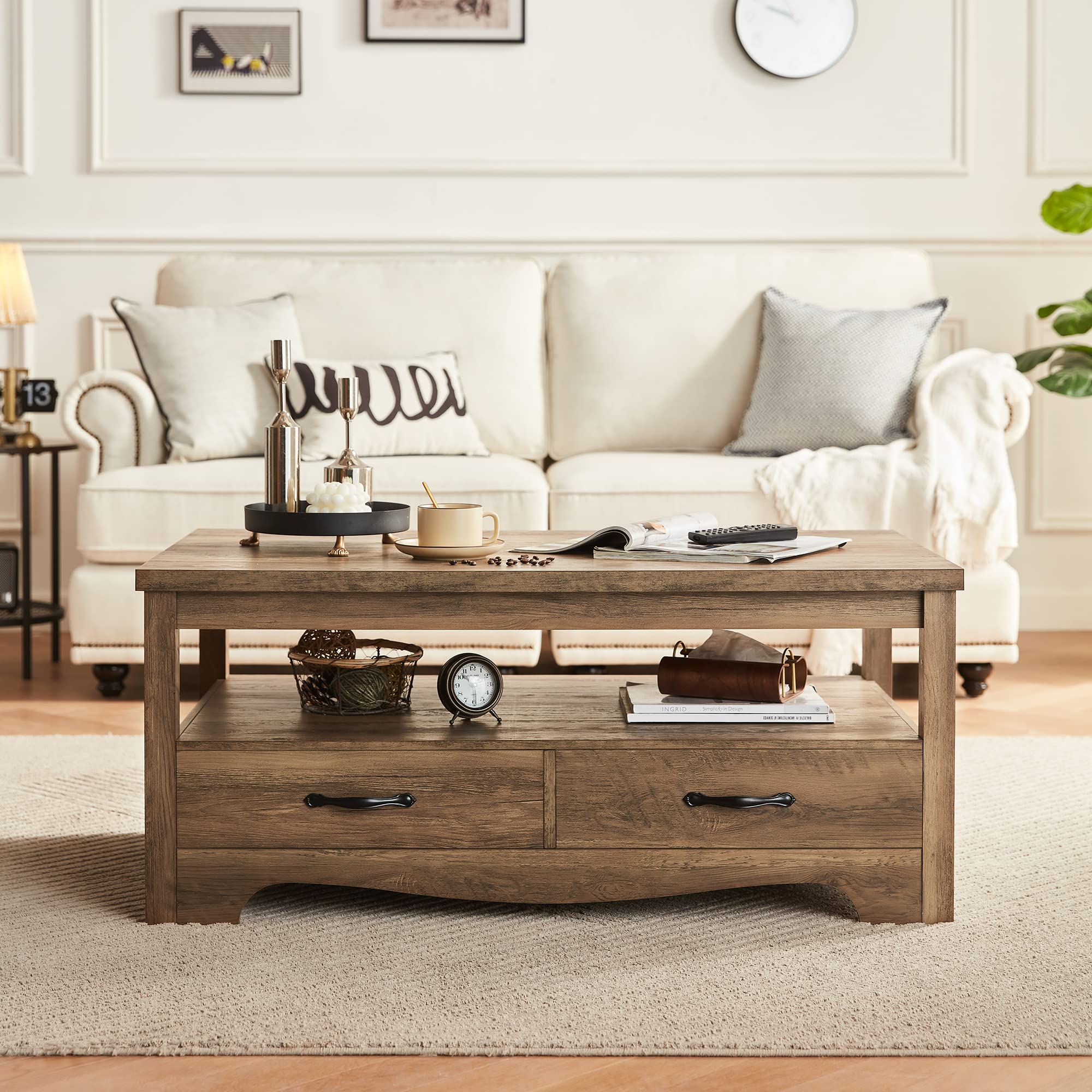 LINSY HOME Farmhouse Coffee Table with Storage, Wood Coffee Table for Living Room, Open Display Area and Storage Drawers with Metal Handles, Chic Style with Curved Base. Brown