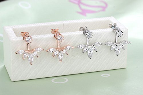 megko 925 Sterling Silver Cubic Zirconia Earrings Leaf Feather Ear Jacket Front Back Ear Cuffs Stud Earring(silver)