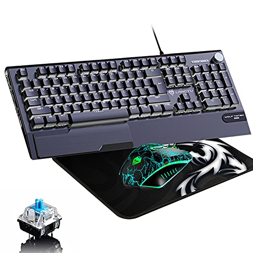 Multimedia Knob Computer Mechanical Keyboard,Sandblast Metal Panel,104-Keys Conflict Free Buttons Gaming Keyboard,Dazzle Colour on Both Side, Mouse+Mouse Pads (Black/White Backlit/Blue Switch