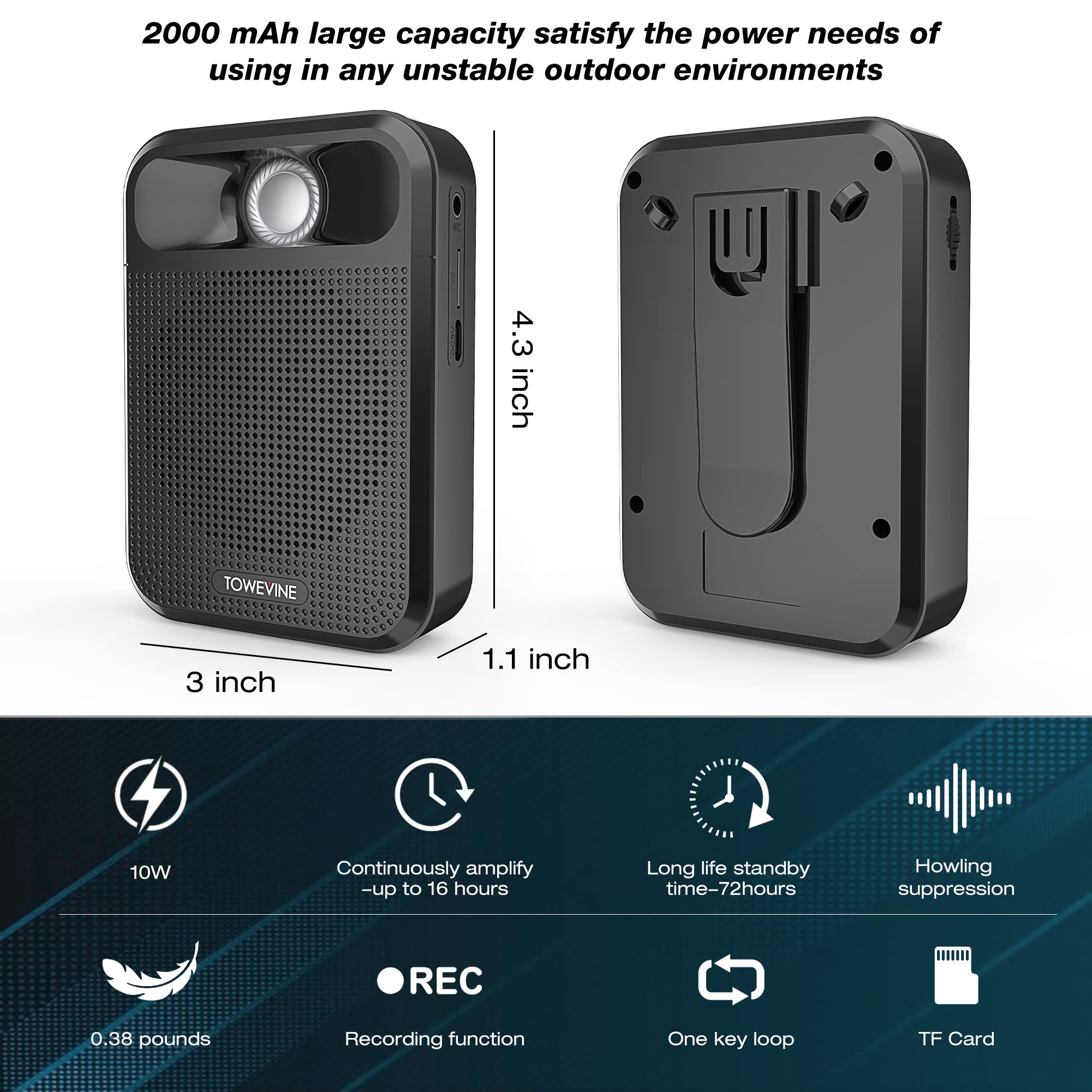 Portable Voice Amplifier, Towevine Rechargeable Microphone for Teachers, Speaker with Headset and Waistband for Classroom, Singing, Coach, Training, Presentation, Tour Guide