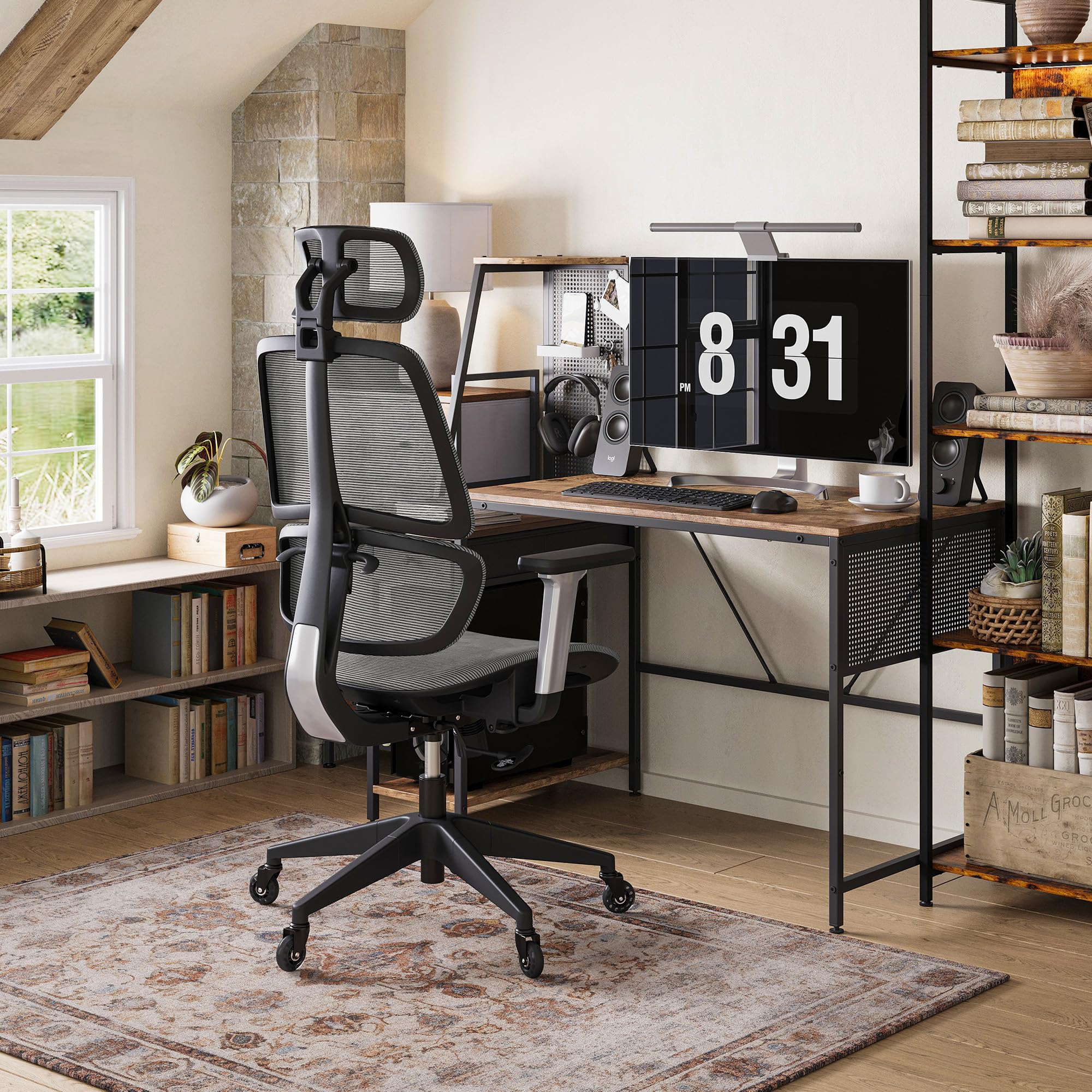 LINSY HOME High-Back Office Chair, Swivel Ergonomic Task Chair with Adjustable Headrest and Arms, Lumbar Support and PU Wheels, Computer Mesh Chair for Home Office, Dark Grey