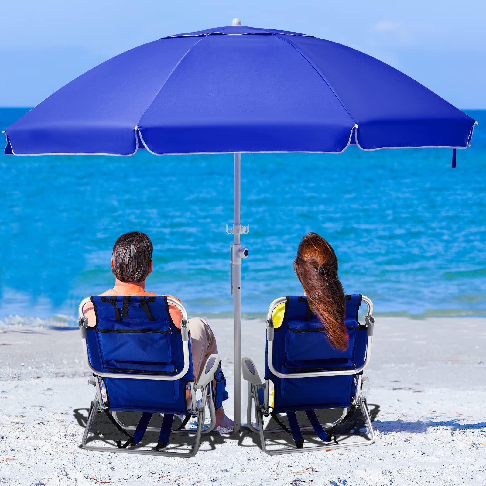 ROWHY Backpack Beach Chair for Adults with Cooler Pouch Portable Lightweight Beach Chair Cup Holder Lay Flat Position and Extra Storage Low Camping Chair Support 300lb, Royal Blue