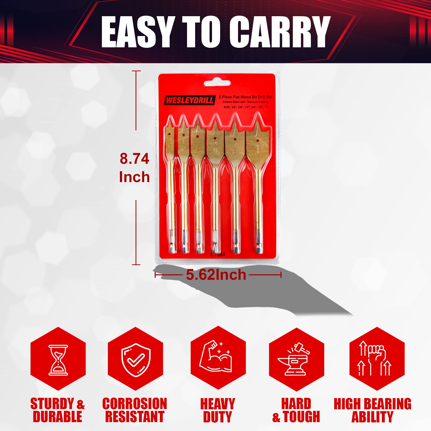 wesleydrill 6PCS Spade Drill Bit Set Paddle Flat Bits 3/8"-1" Flat Wood Hole Cutter Fit for Most Types of Wood as Well as Fiberglass
